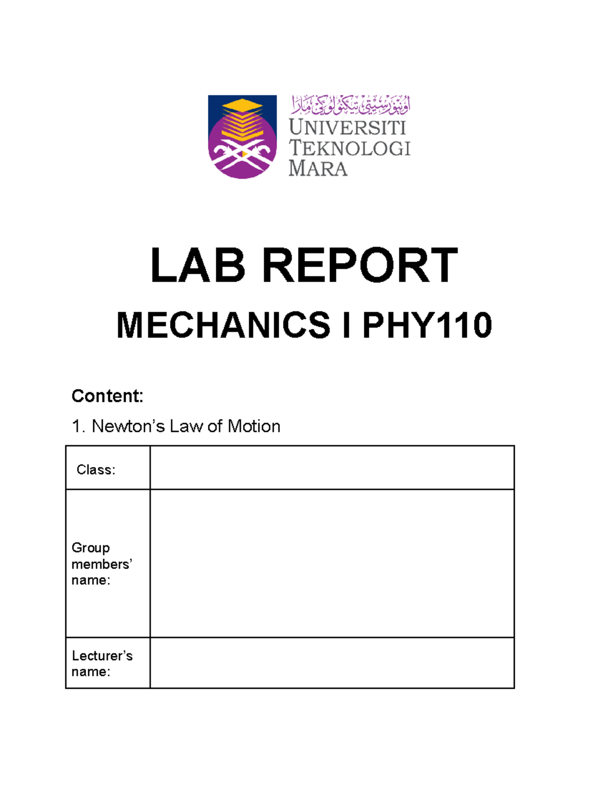Experiment 2 Newton's Law of Motion - LAB REPORT MECHANICS I PHY ...
