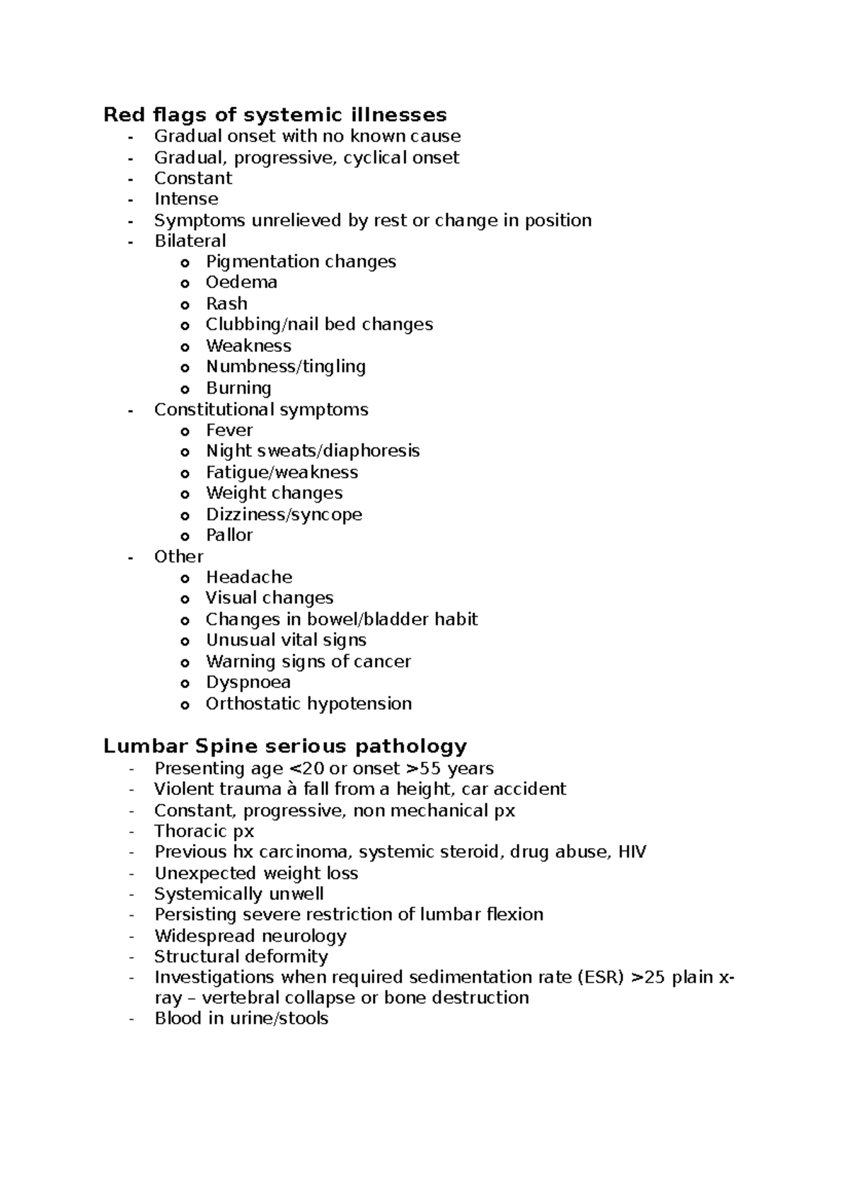 Red Flags - Red flags of systemic illnesses - Gradual onset with no ...