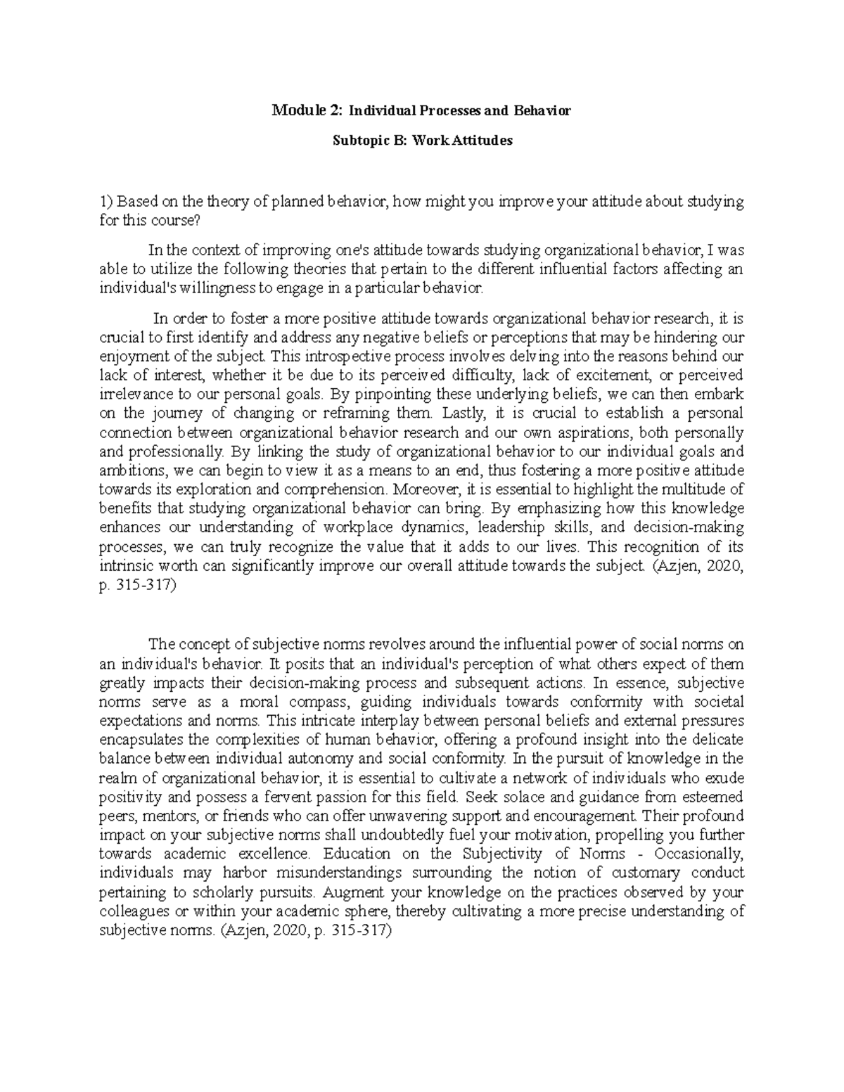 Module 2 Activity 3 Applying the Theory of Planned Behavior - Module 2: Individual Processes and ...