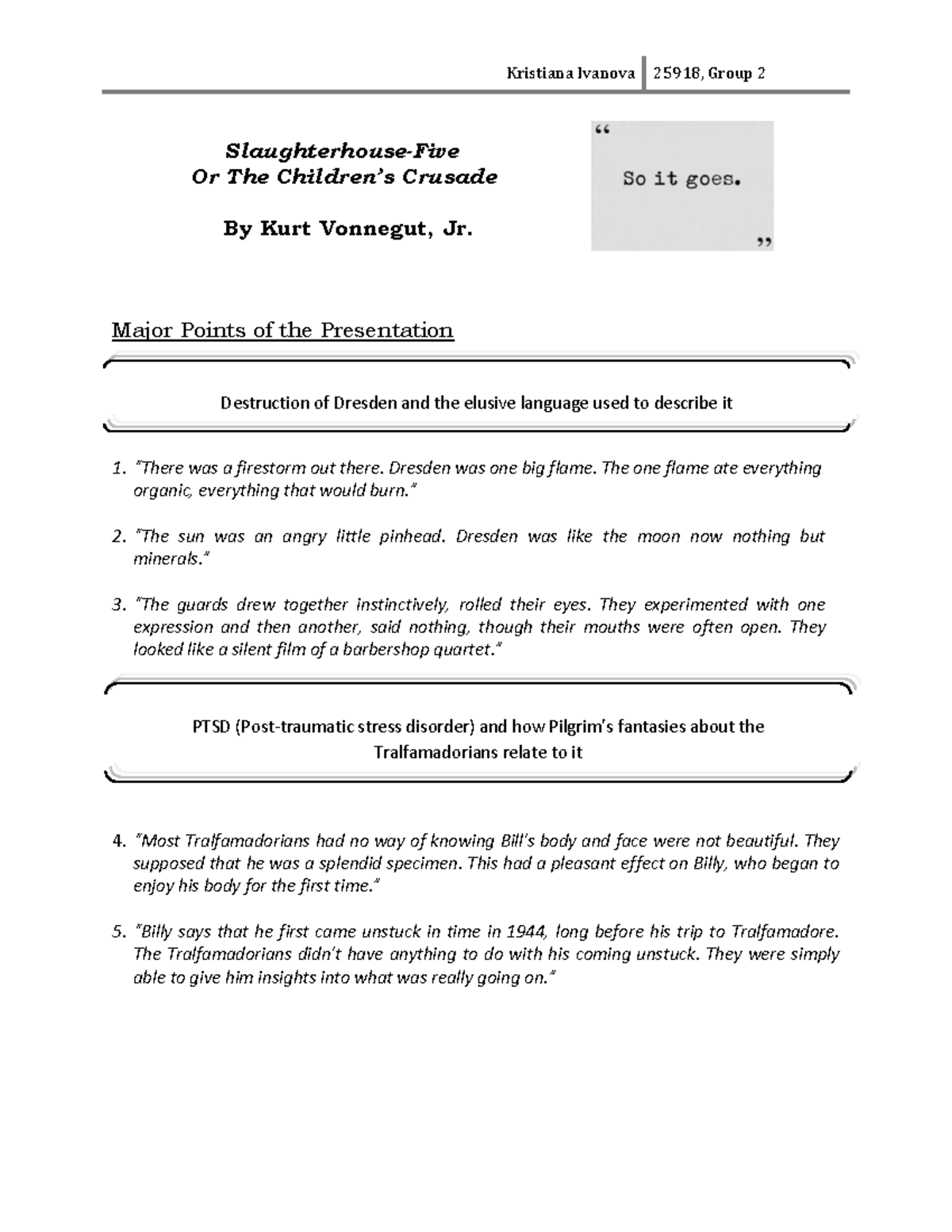 Slaughterhouse Five Handout - Kristiana Ivanova 25918, Group 2 ...