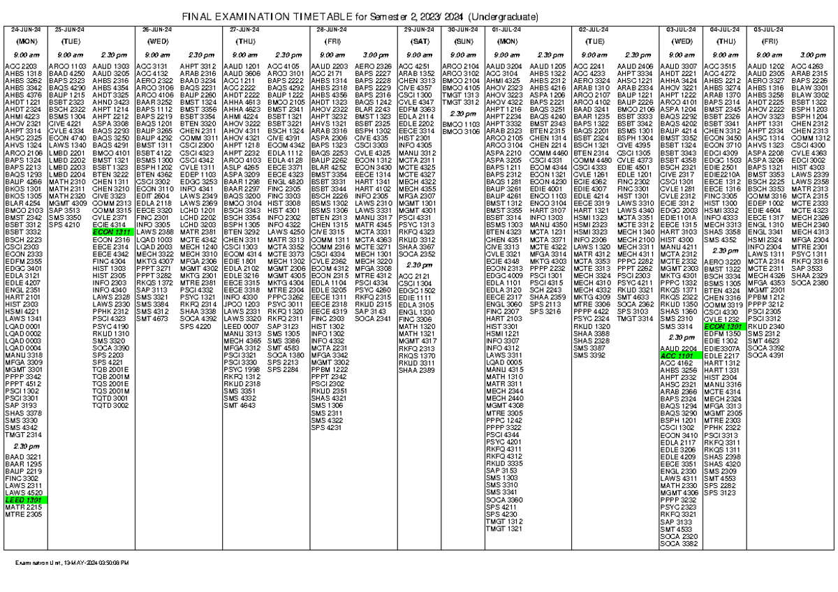 Course timetable - FINAL EXAMINATION TIMETABLE for Semester 2, 2023/ ...