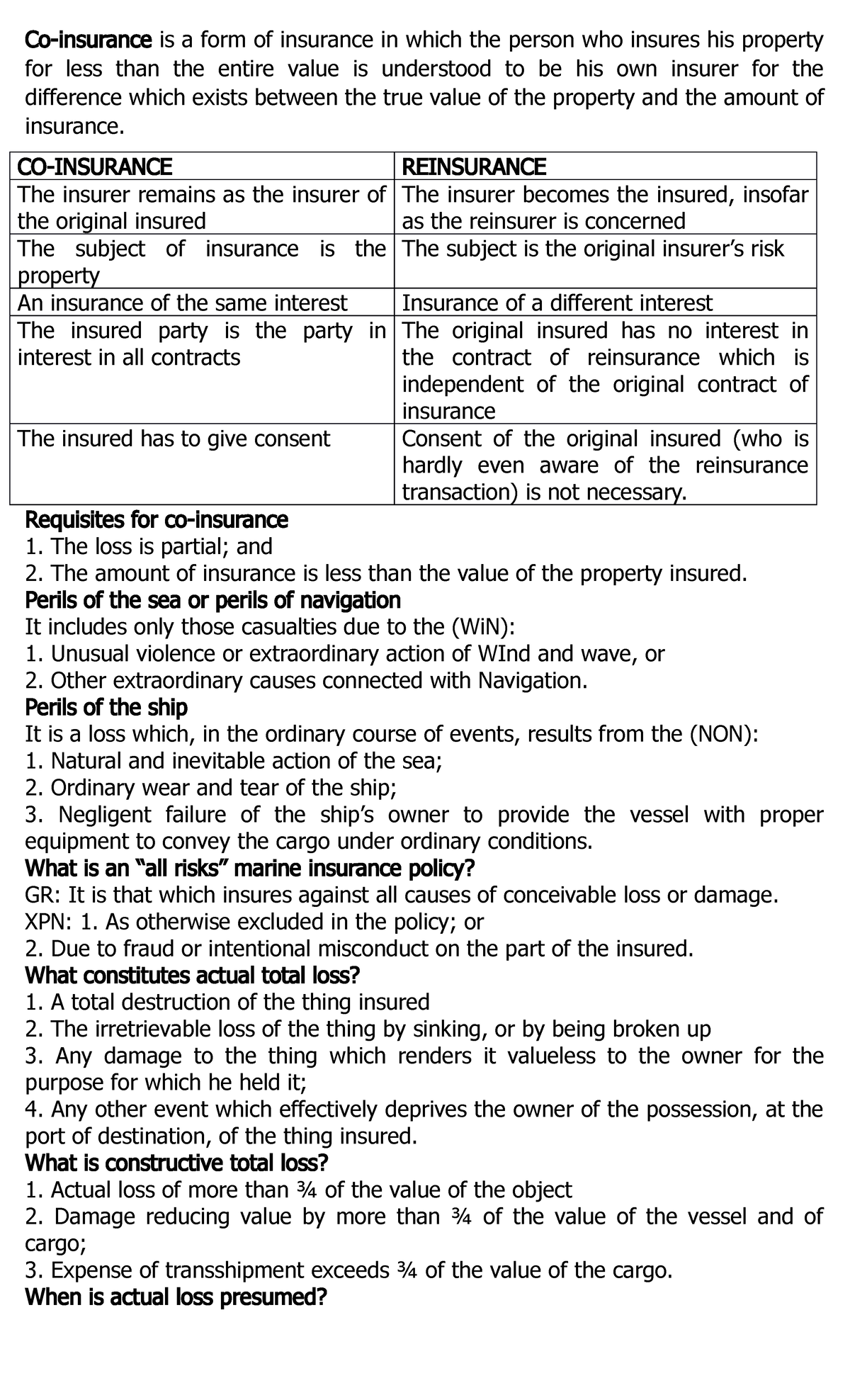 INS - Notes in Insurance Law - Co -insuran ce is a form of insurance in ...