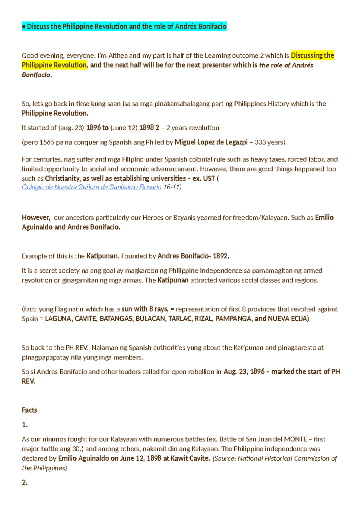 RIPH-katipunan-script-report - • Discuss the Philippine Revolution and ...