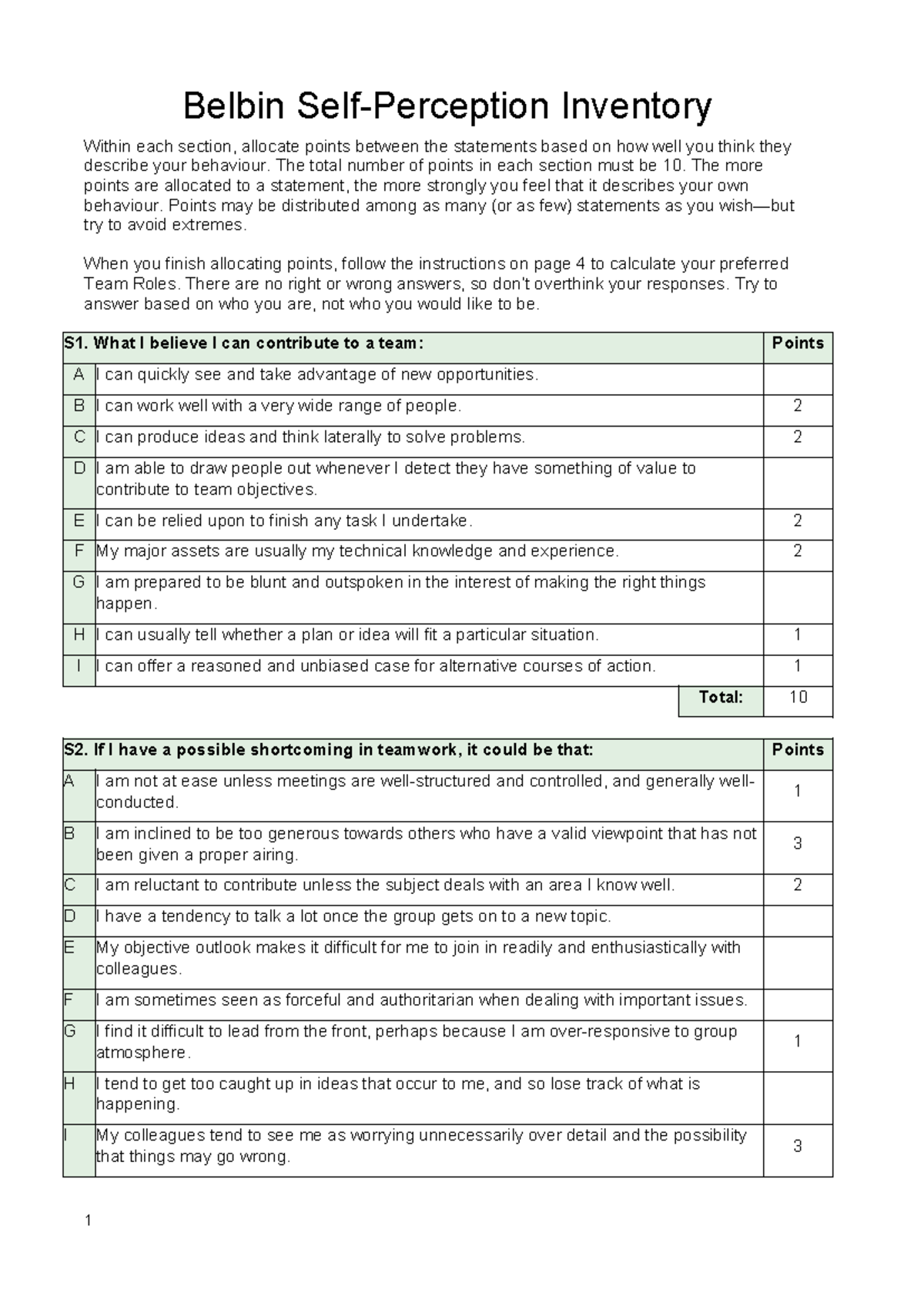 Belbin activity - Belbin Self-Perception Inventory Within each section ...