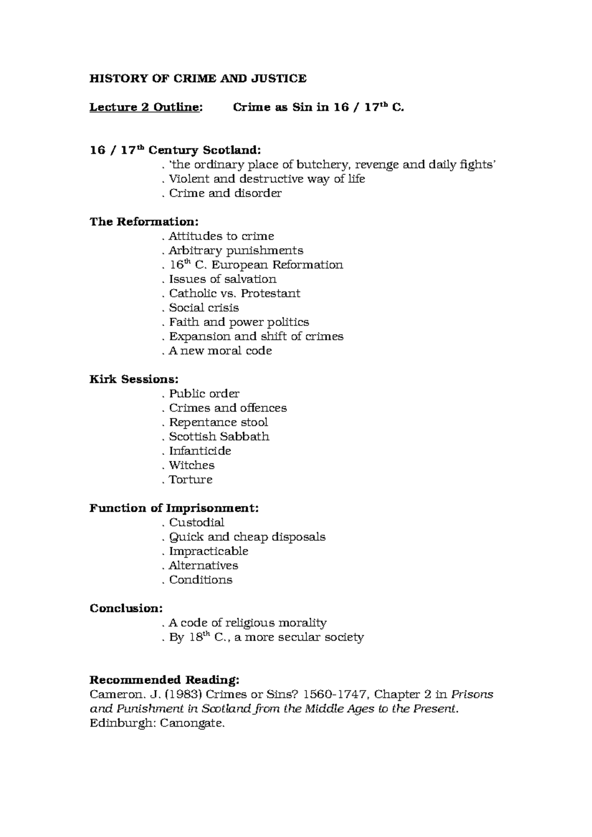 Lecture 2 Outline - HISTORY OF CRIME AND JUSTICE Lecture 2 Outline ...
