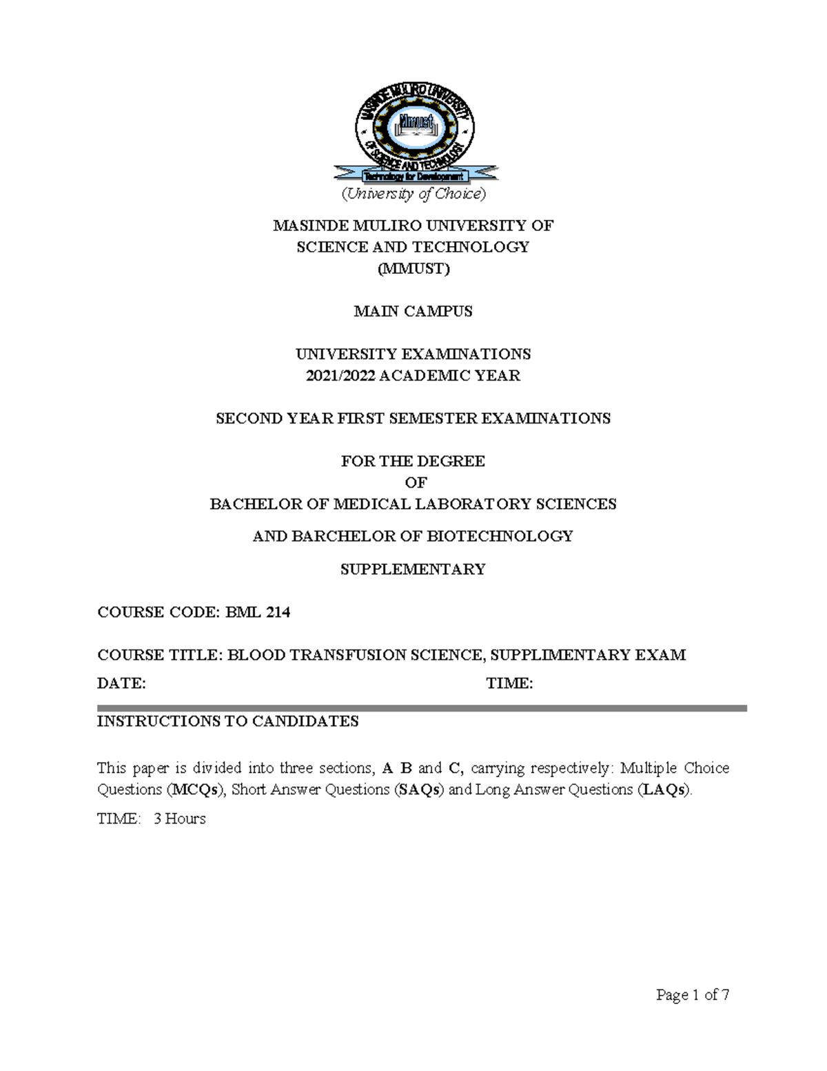 BML 214 BTS SUP EXAM Mmust Marking Scheme - (University of Choice ...