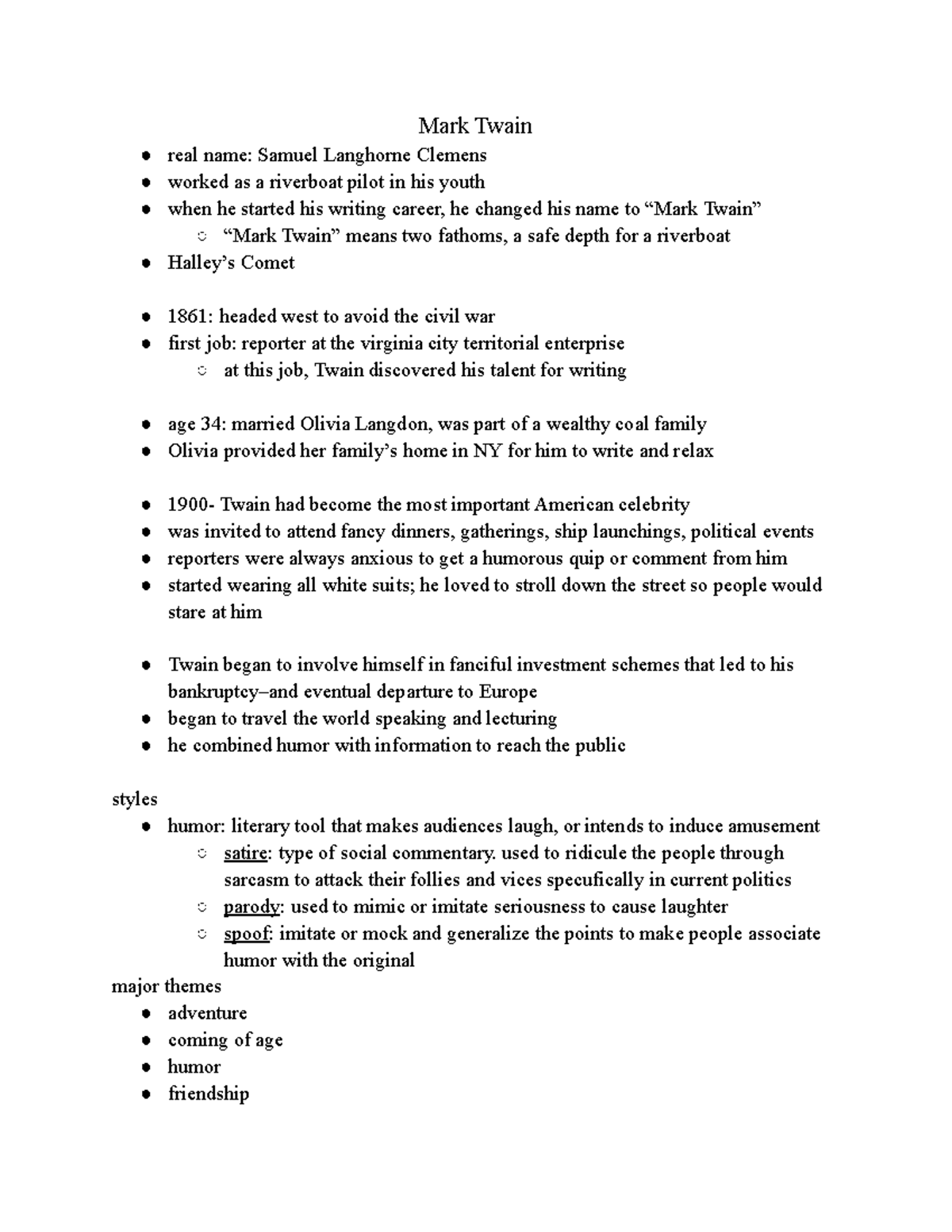 Mark twain notes - Mark Twain real name: Samuel Langhorne Clemens ...