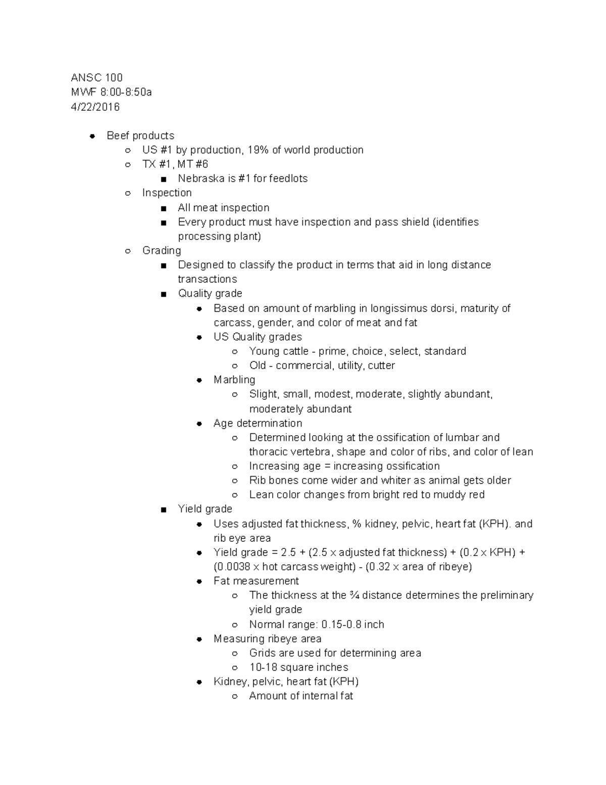 ANSC100 Lecture33 ANSC 100 MWF 8 00 8 50a 4 22 2016 Beef Products US