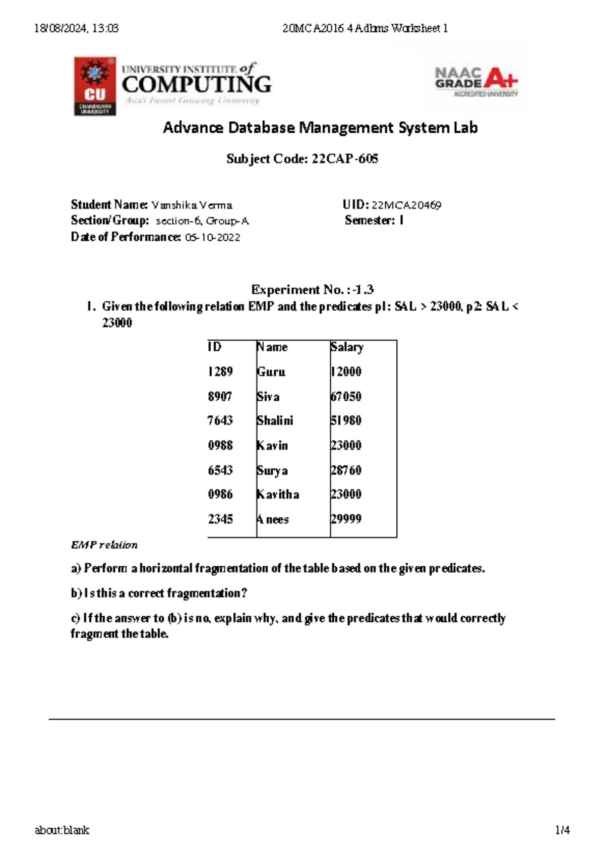 20MCA2016 4 Adbms Worksheet 1 - Advance Database Management System Lab Subject Code: 22CAP-6 05 ...