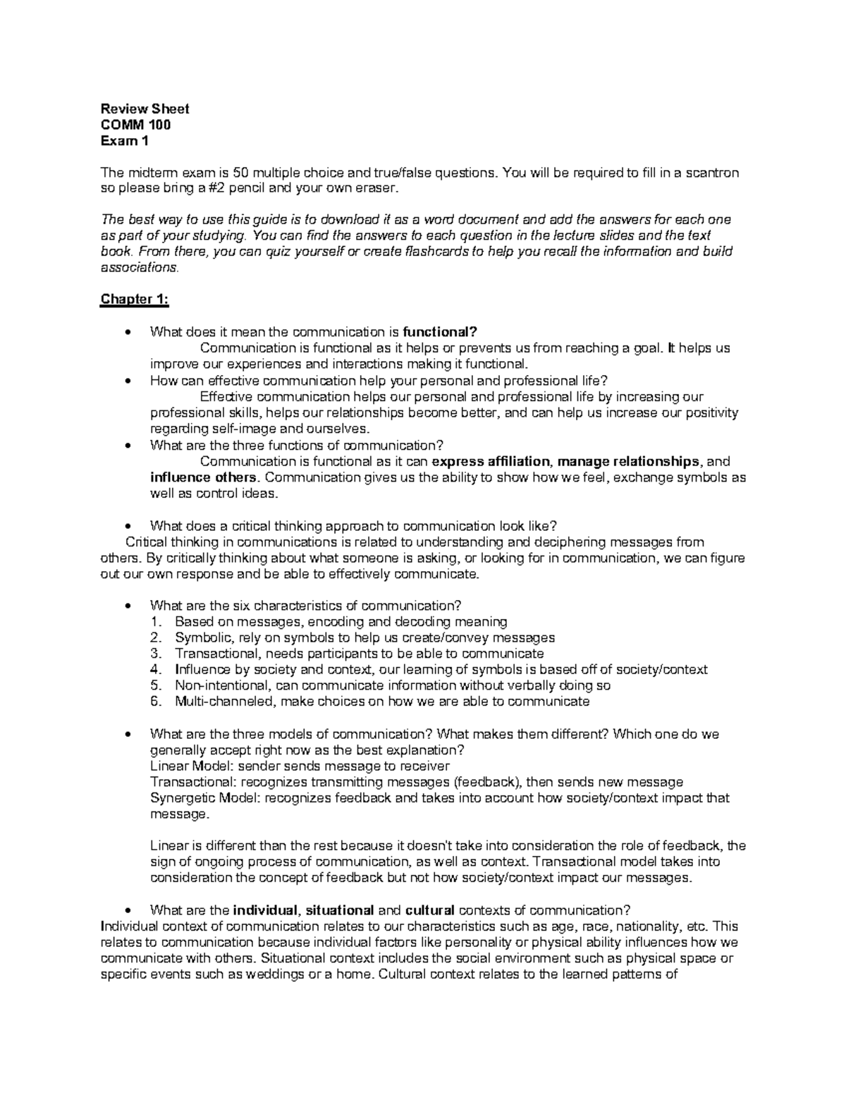 COMM100 Midterm Review - Review Sheet COMM 100 Exam 1 The midterm exam ...