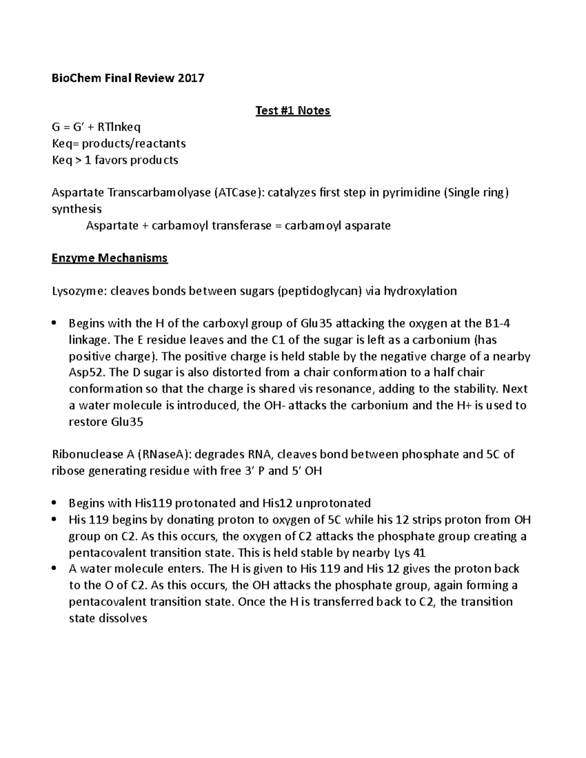 Bio Chem Final Review 2017 - BioChem Final Review 2017 Test #1 Notes G ...