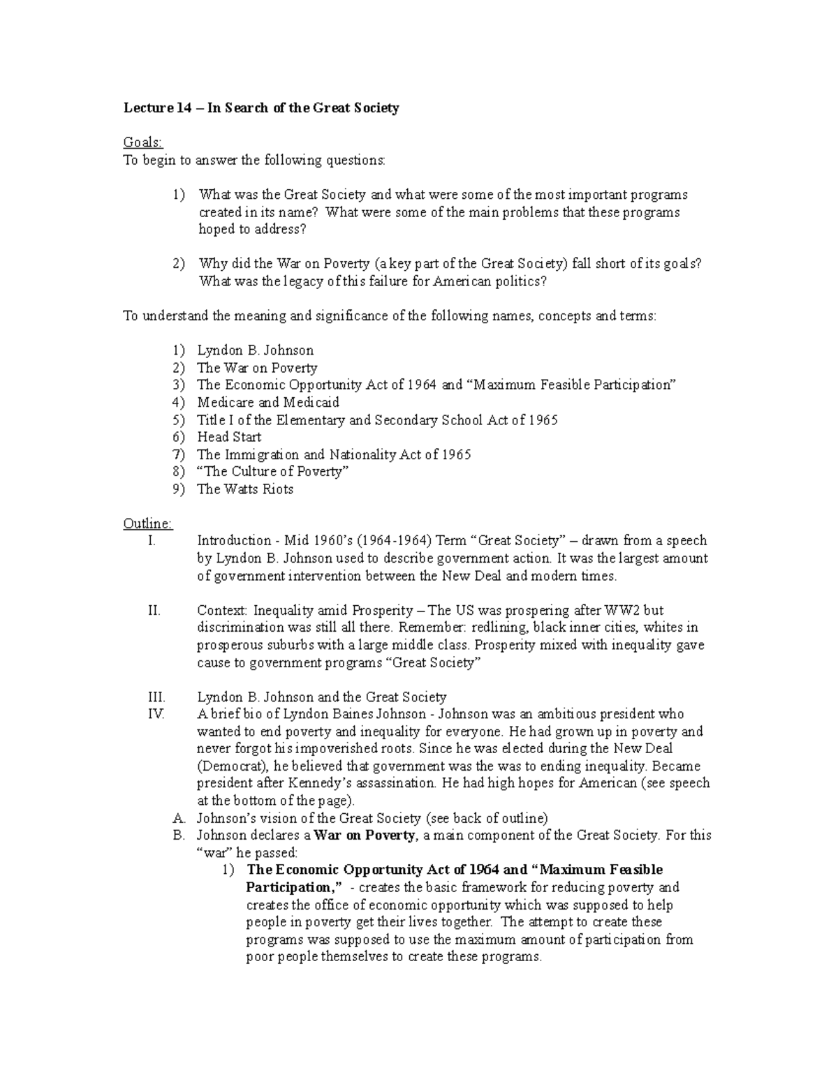 Lecture 14 Notes - Lecture 14 – In Search of the Great Society Goals ...