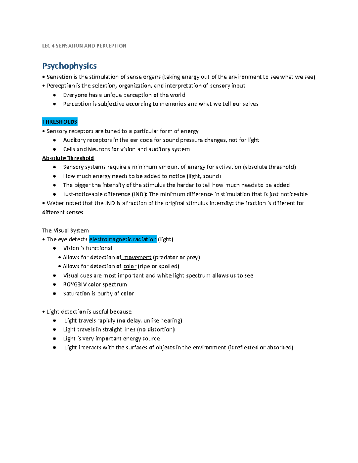 LEC 4 Sensation and Perception - Psy100H1 - U of T - Studocu