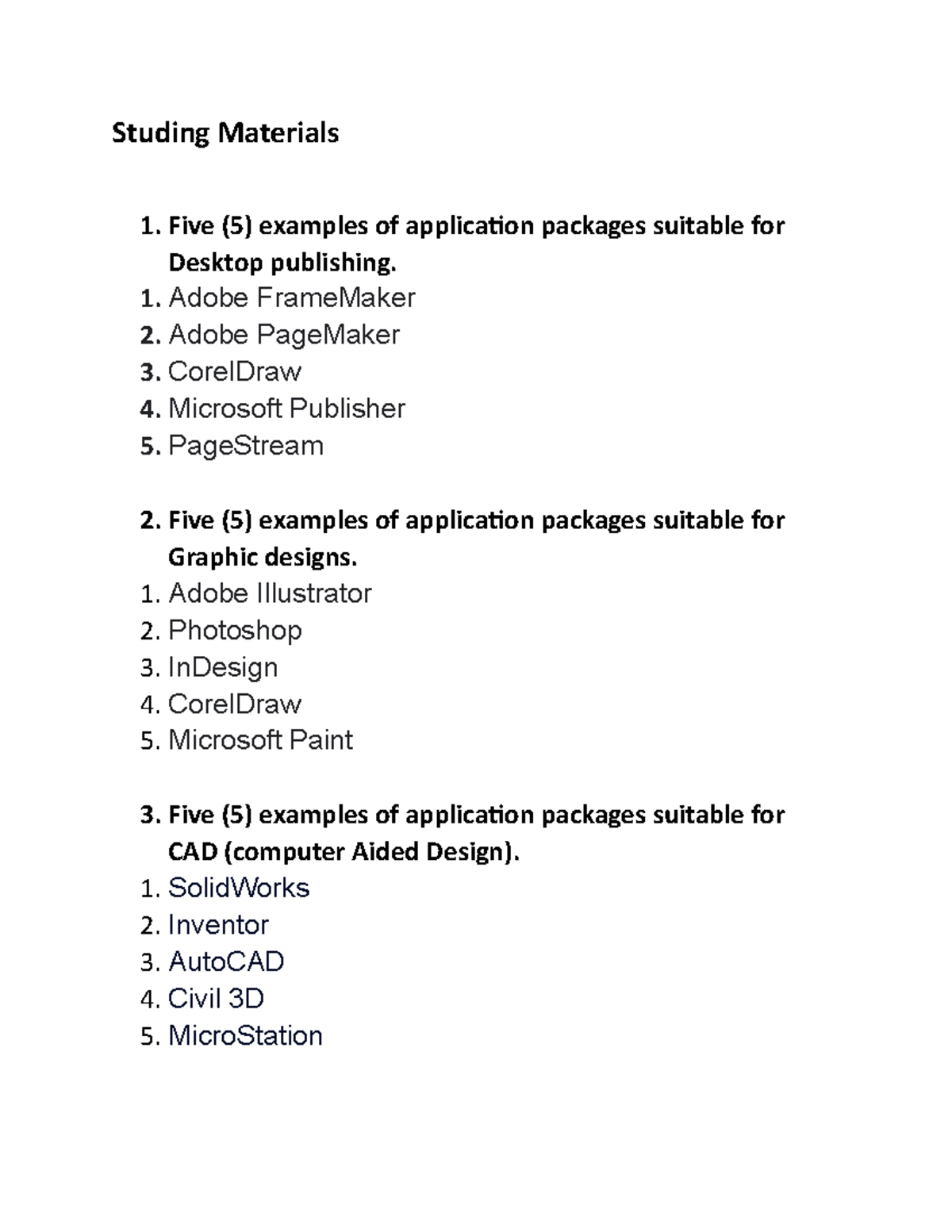 Materials - Studing Materials Five (5) examples of application packages ...