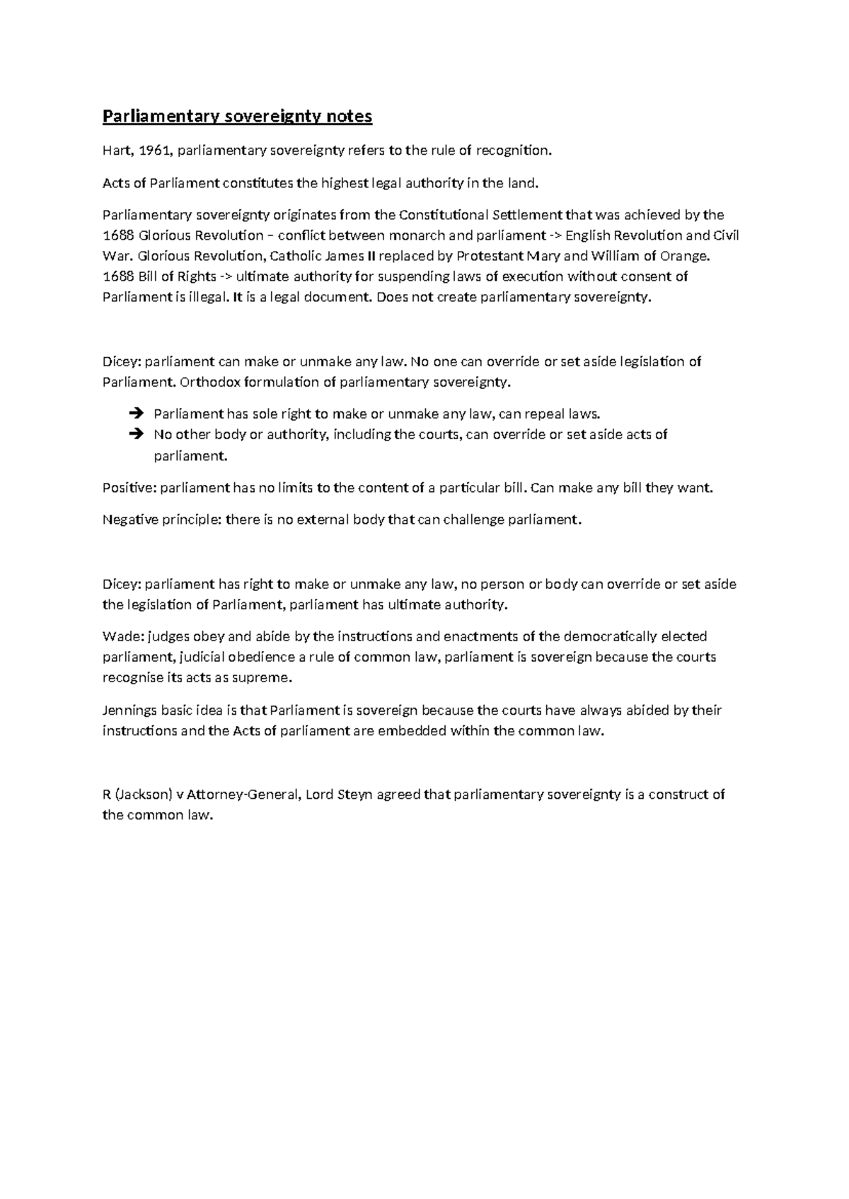 Parliamentary sovereignty notes 8 jan - Parliamentary sovereignty notes ...