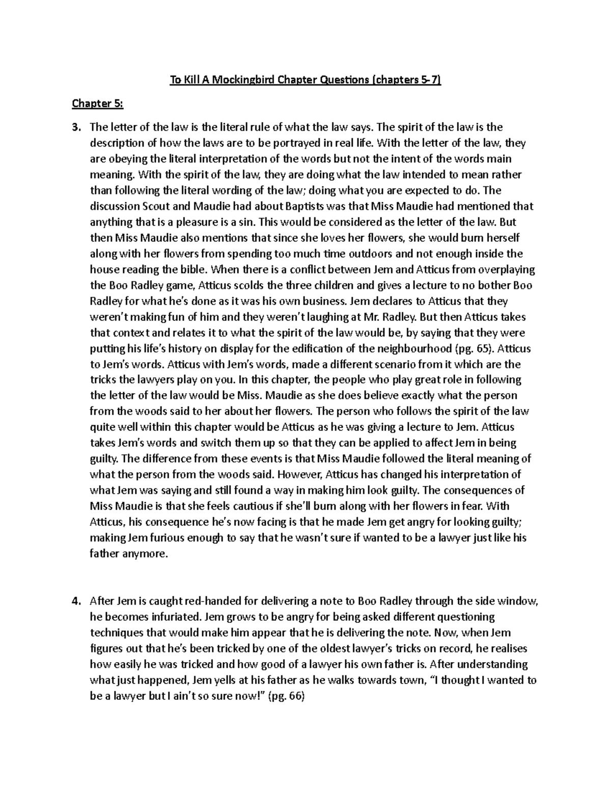 To Kill A Mockingbird Chapter Questions - The spirit of the law is the ...