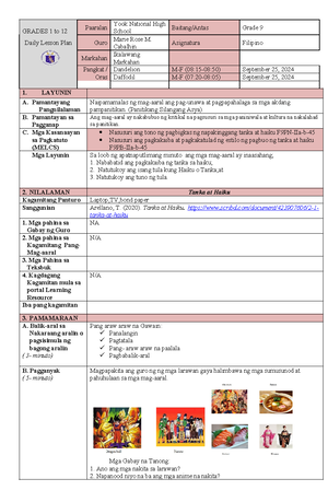 September 26 - Lesson Plan Tanka - GRADES 1 to 12 Paaralan Yook ...