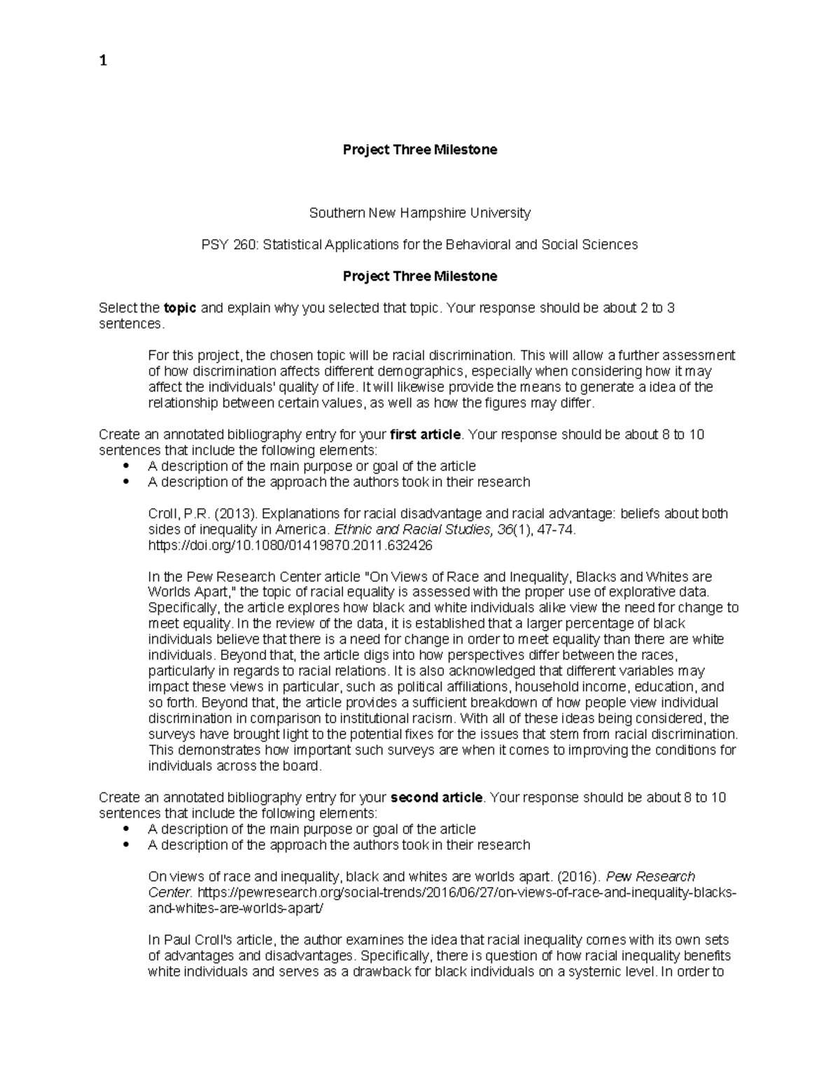 PSY260 Project Three Milestone - 1 Project Three Milestone Southern New Hampshire University PSY ...