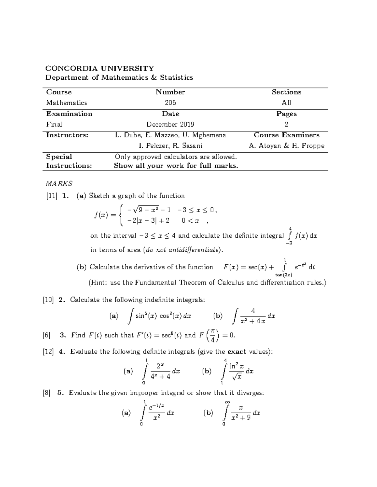 MATH205 Final EXAM AND Solutions December 2019 - CONCORDIA UNIVERSITY ...
