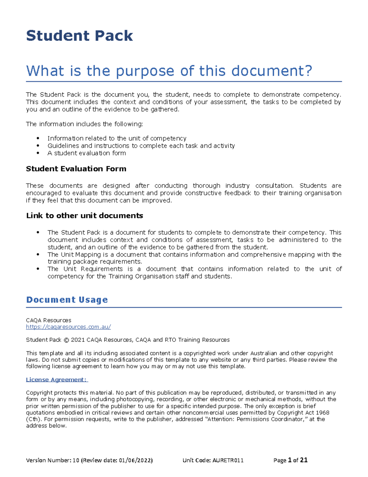 Auretr 011 Student Pack - Knowledge Test - V10.0 - What is the purpose ...