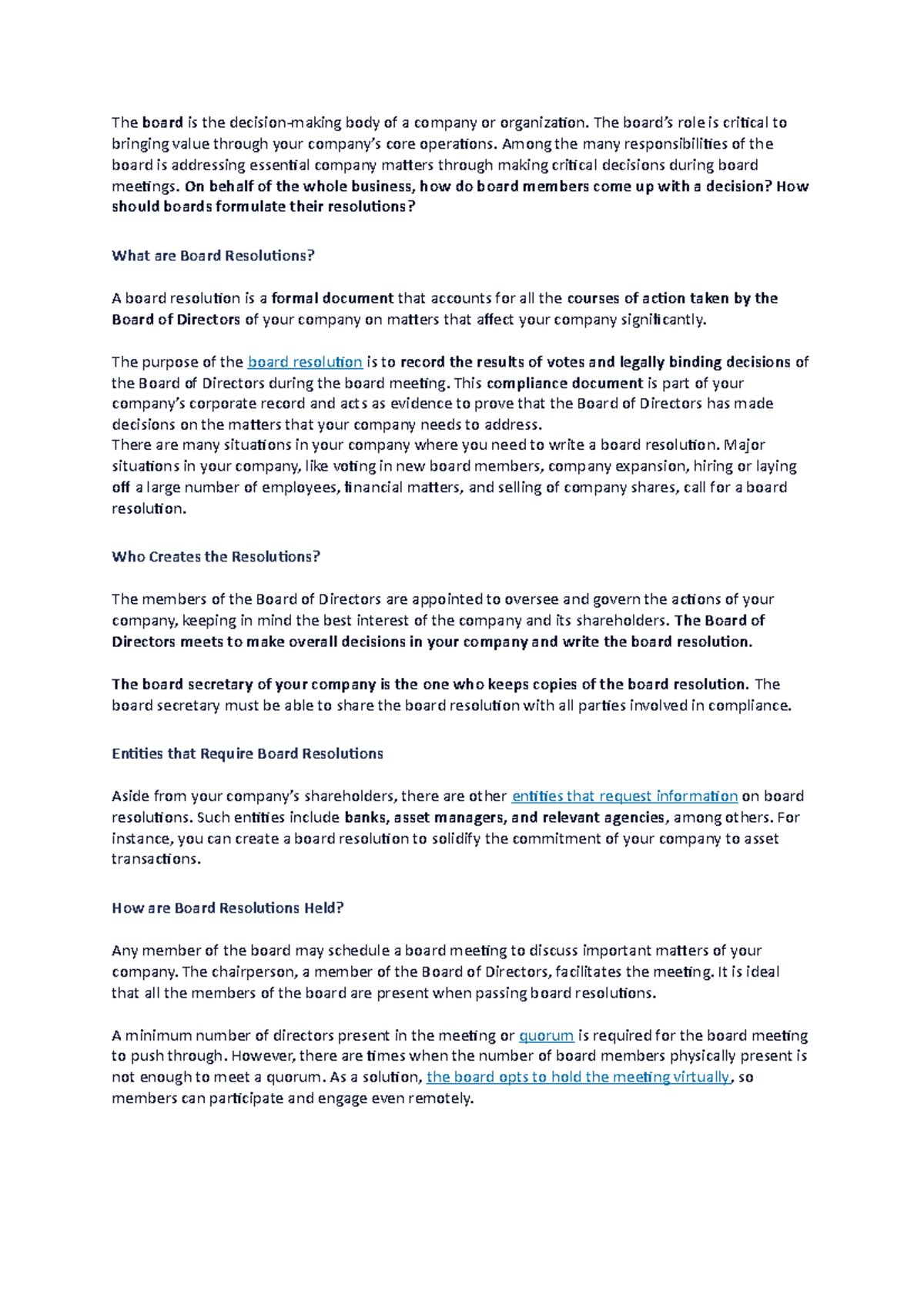 Board Resolution - The board is the decision-making body of a company ...