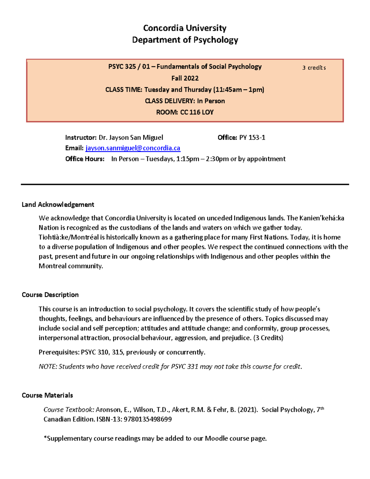 PSYC 325 Course Outline Fall 2022 Section 01 - Concordia University Department of Psychology ...