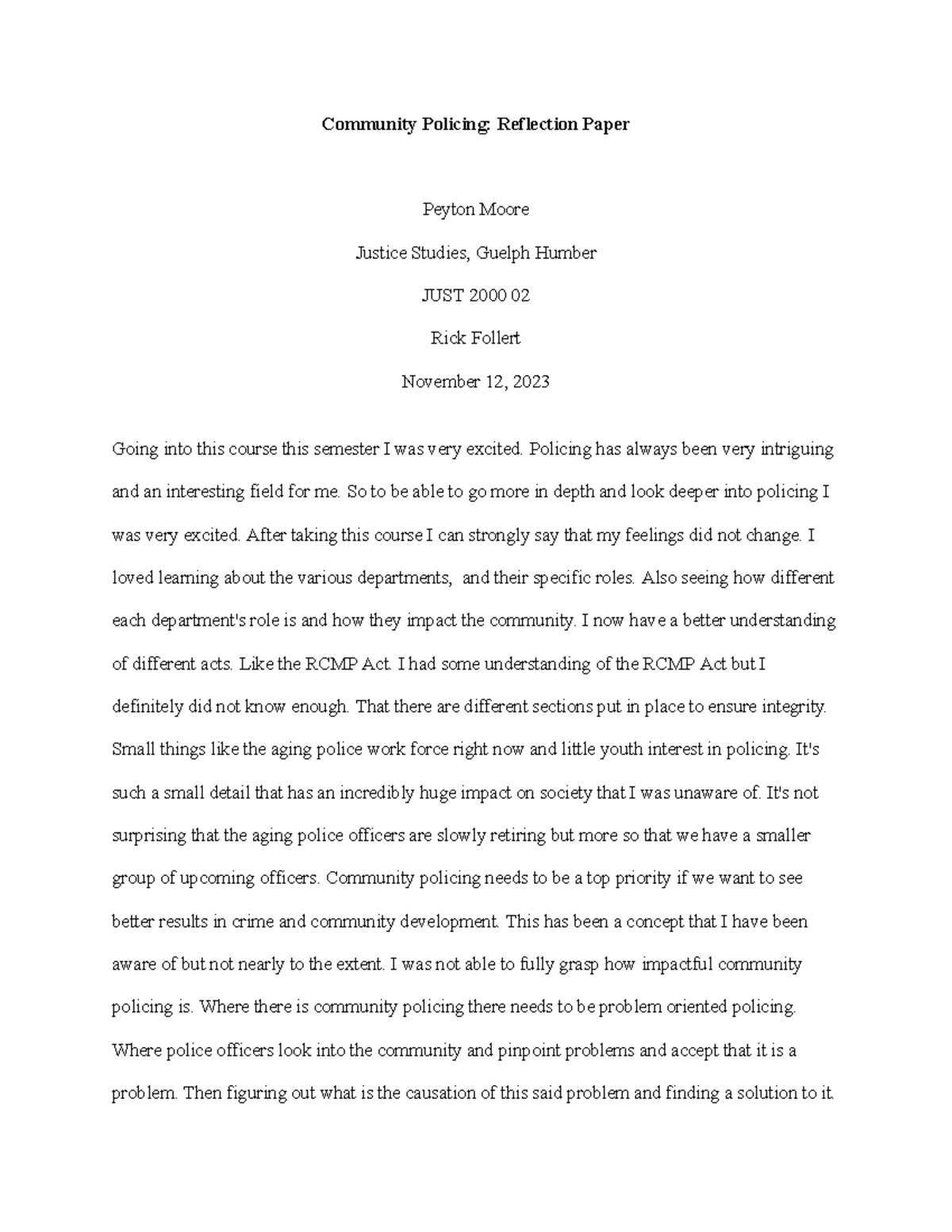 CP Reflection Paper - Community Policing: Reflection Paper Peyton Moore Justice Studies, Guelph ...