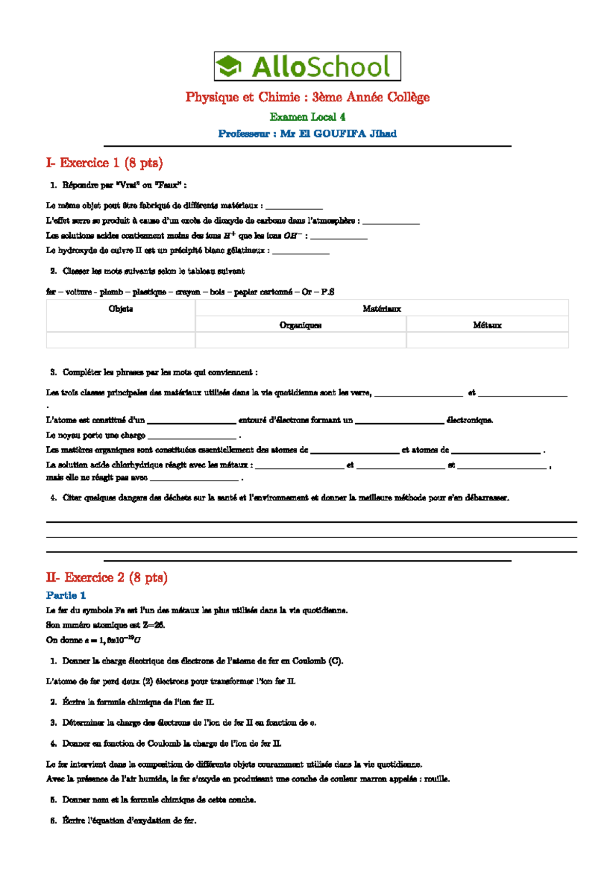 Pc 3ac examen local 4 1 - EXO COURS - Sciences de la Matière Chimie - Studocu