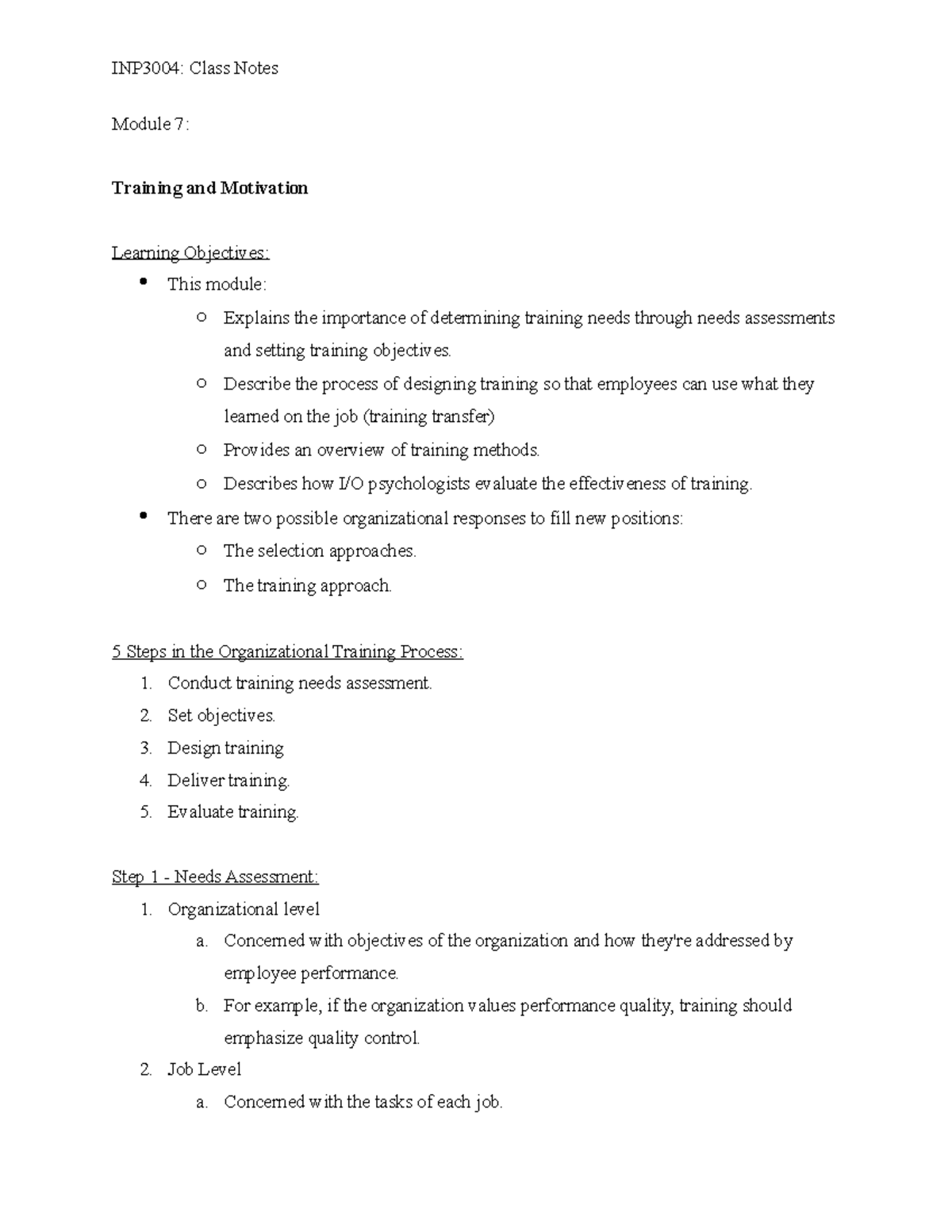 INP3004-Module 7Notes - Module 7: Training and Motivation Learning ...