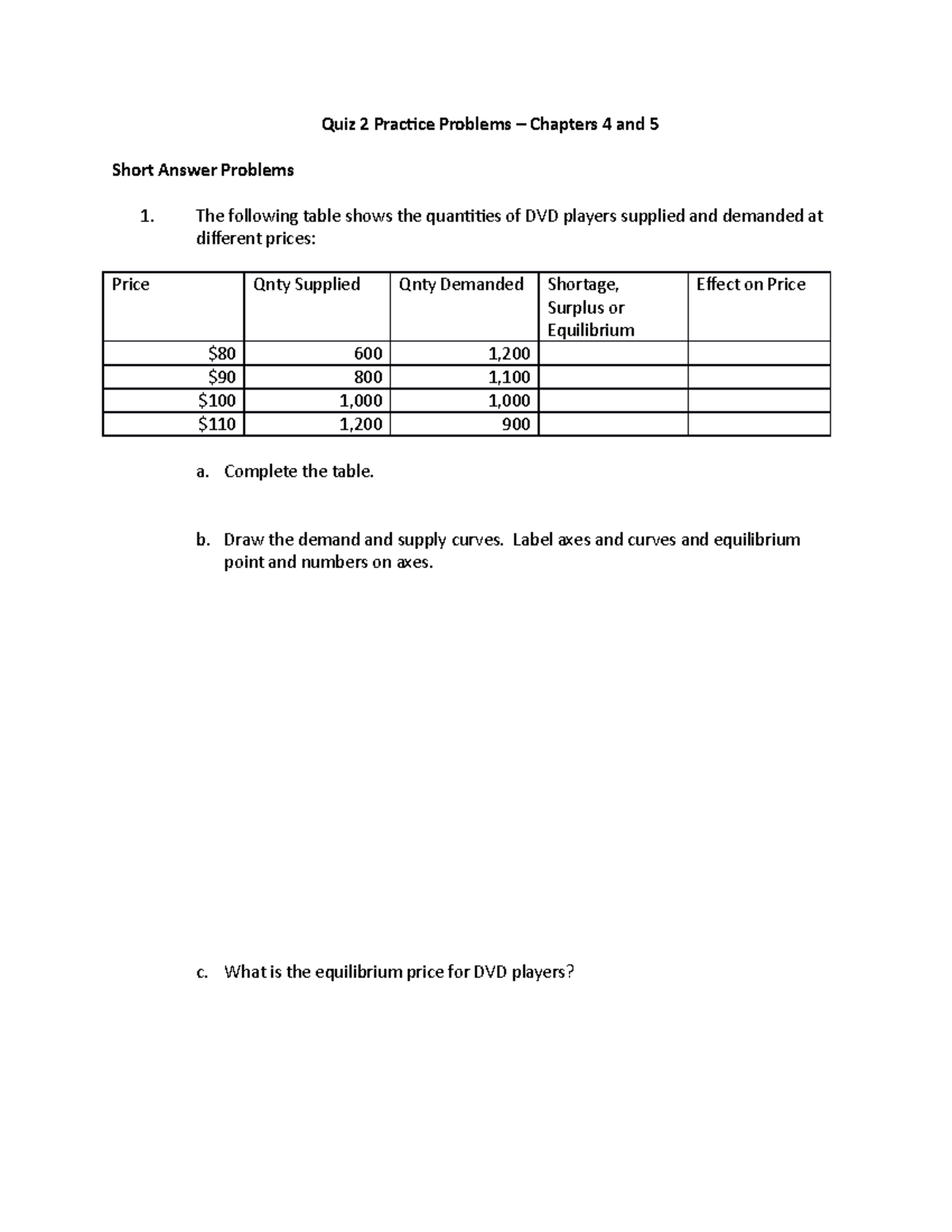 Quiz 2 Practice Problems-Chapters 4 and 5 - Quiz 2 Practice Problems – Chapters 4 and 5 Short ...