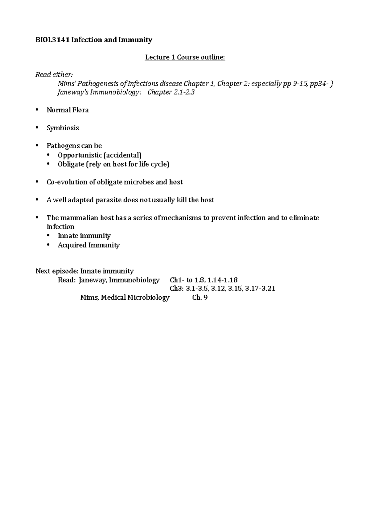 Lecture 1 Biol3141 Infection And Immunity Lecture 1 Course Outline