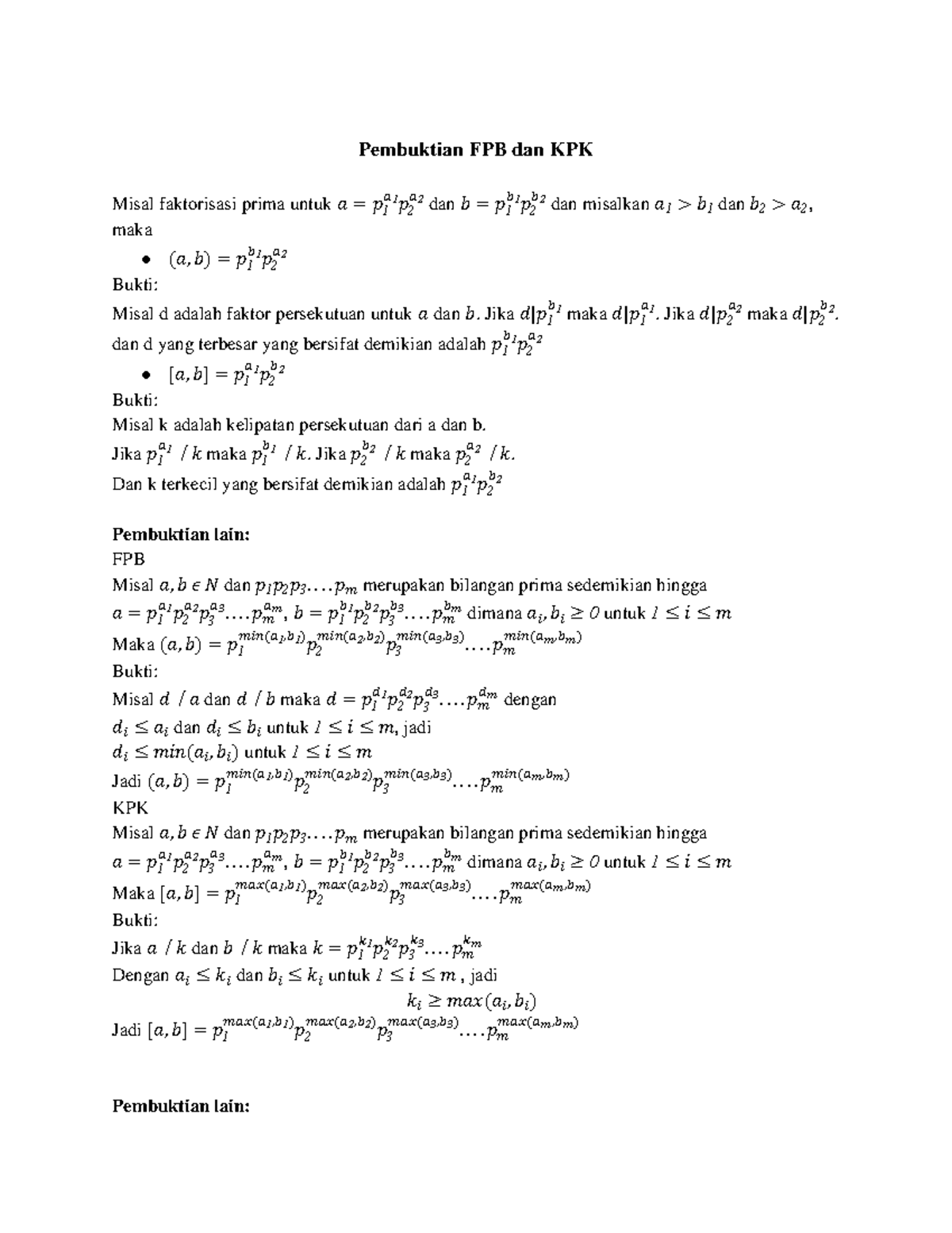 Pembuktian FPB KPK - Pembuktian FPB dan KPK Misal faktorisasi prima ...