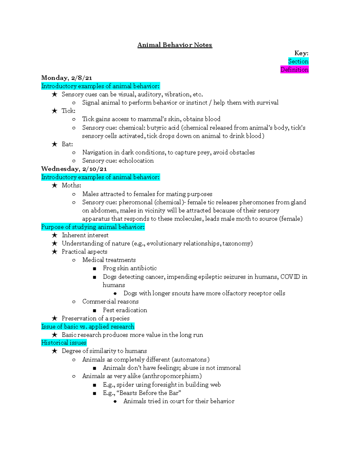 Animal behavior notes - Elon University Dr. McClearn Spring 2021 ...