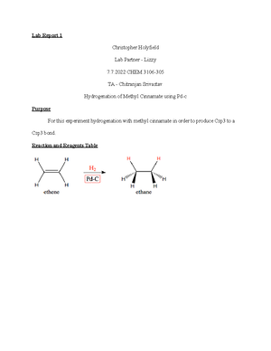 OChem 2 Lab report 3 - Lab Report 3 Christopher Holyfield Lab Partner ...