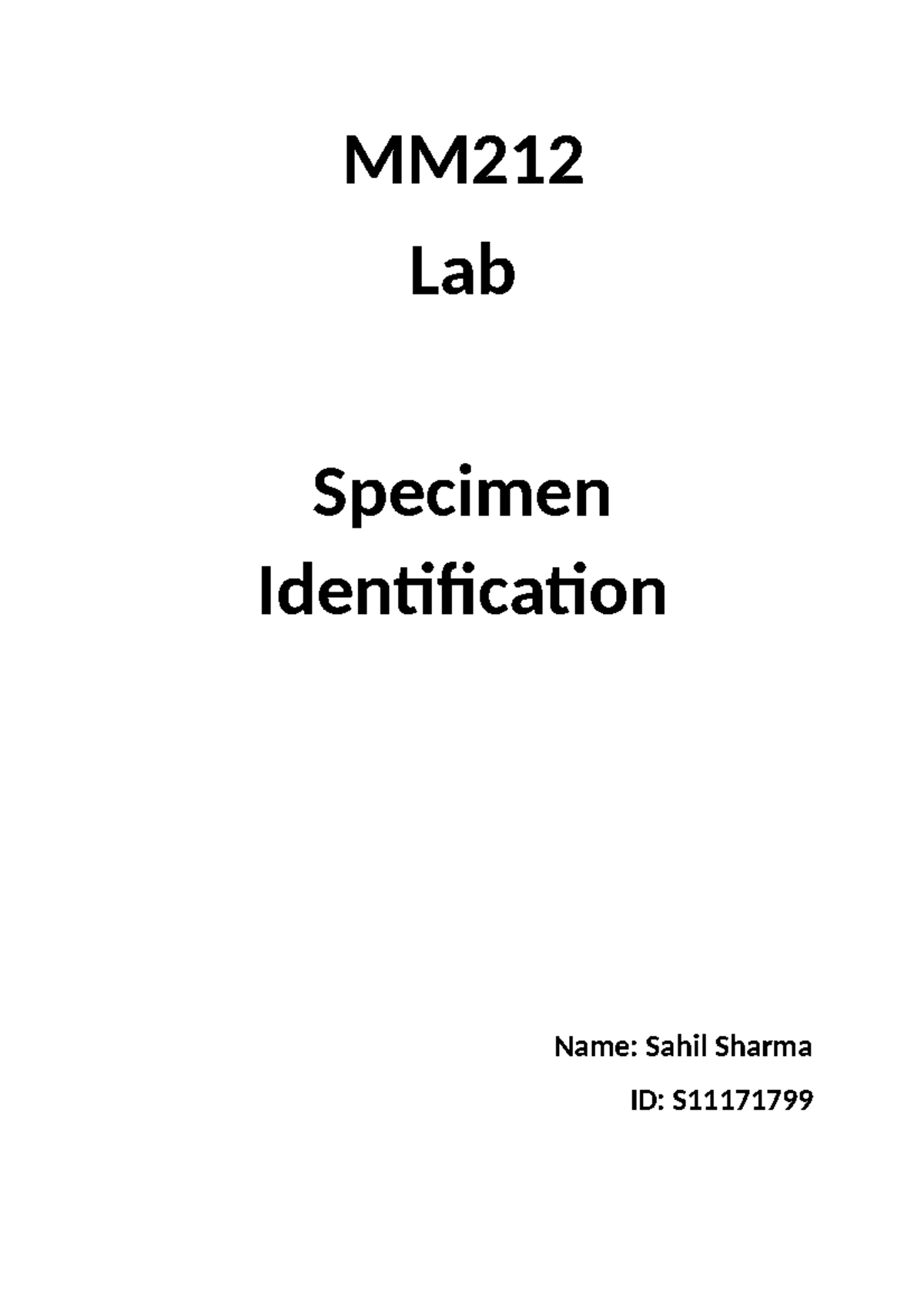 MM212 - Specimen Prep lab Sample - MM Lab Specimen Identification Name ...