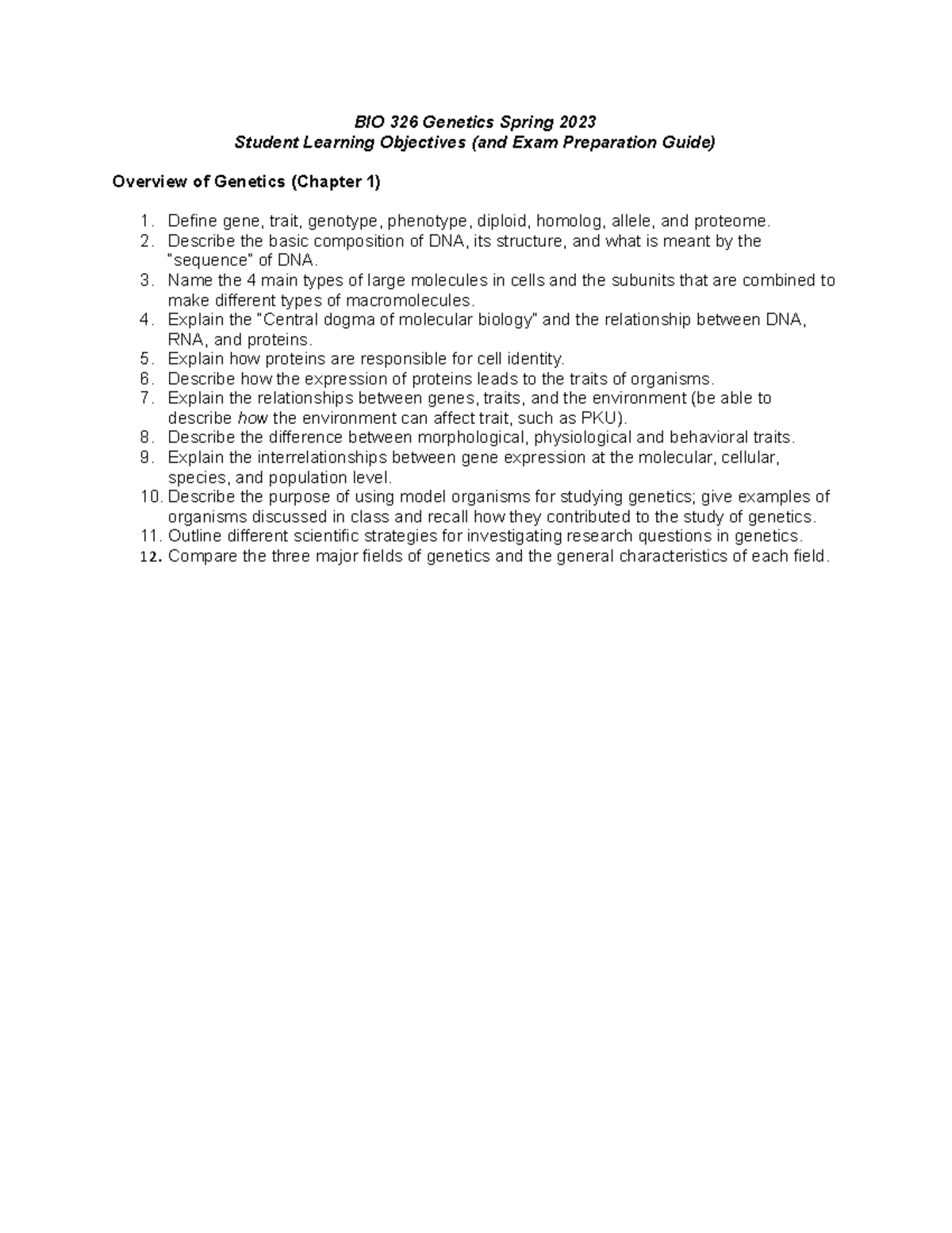 Chapter 1 LO - BIO 326 Genetics Spring 2023 Student Learning Objectives (and Exam Preparation ...