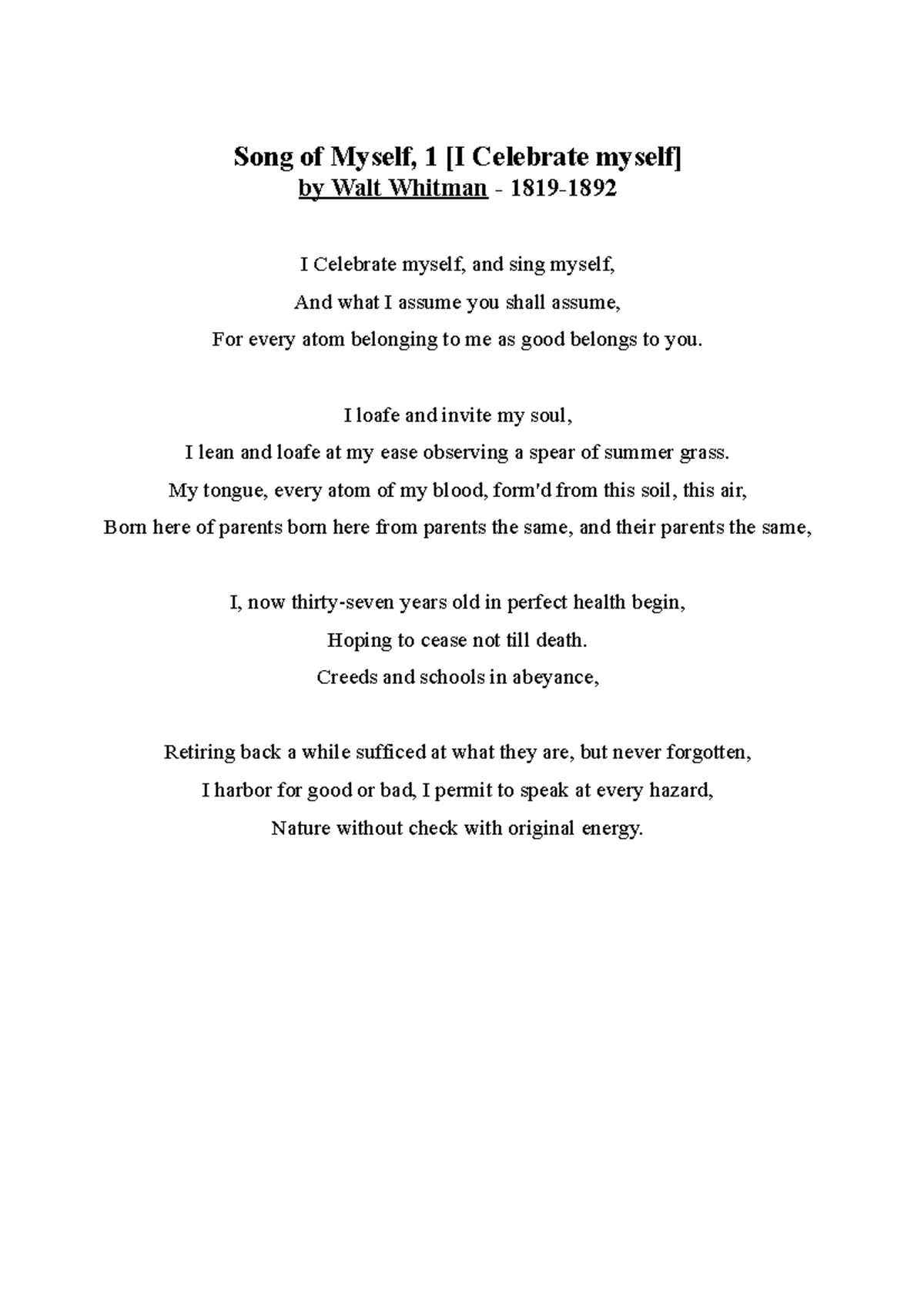 American poem - poems - Song of Myself, 1 [I Celebrate myself] by Walt ...