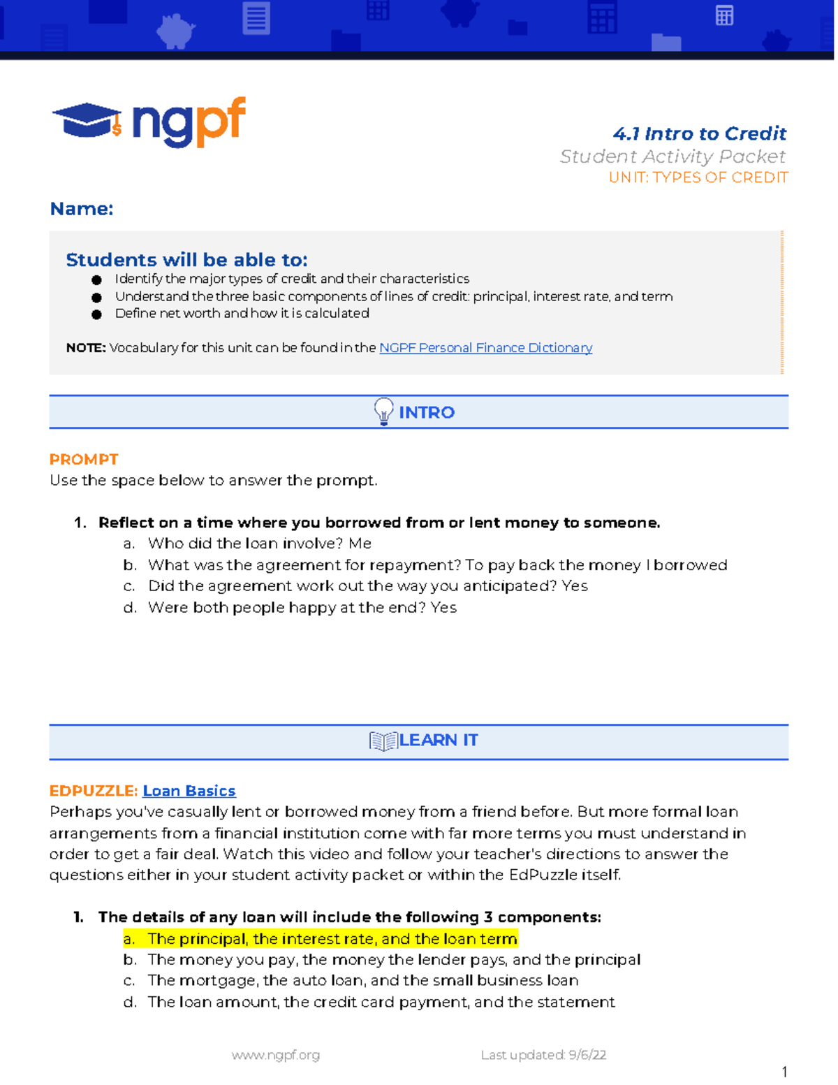 Copy of SA(4) Types of Credit(rev) - 4 Intro to Credit Student Activity ...