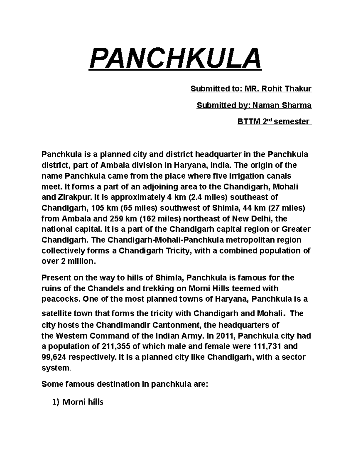 Panchkula - Lecture notes 1-3 - PANCHKULA Submitted to: MR. Rohit ...