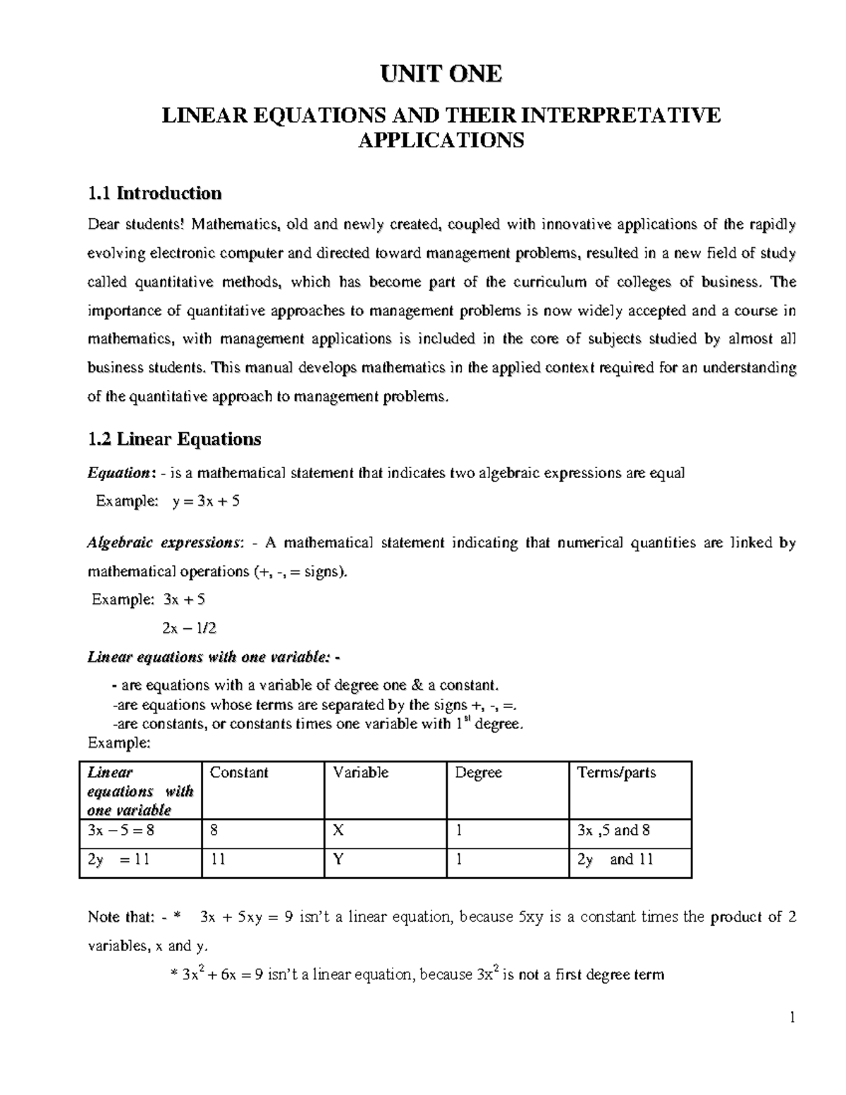 Maths for Management - Hgzzmk - U U N N I I T T O O N N E E LINEAR ...