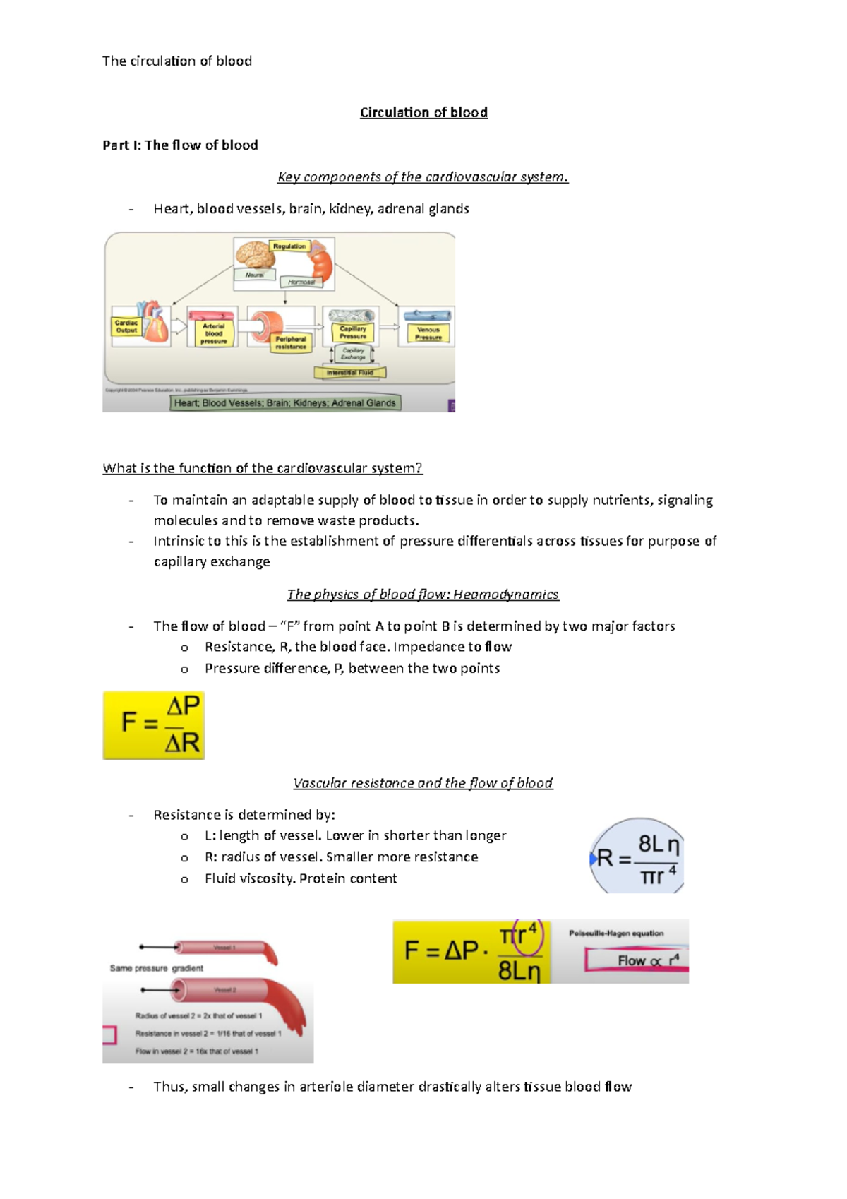 Circulation of blood - lecture notes - Circulation of blood Part I: The ...