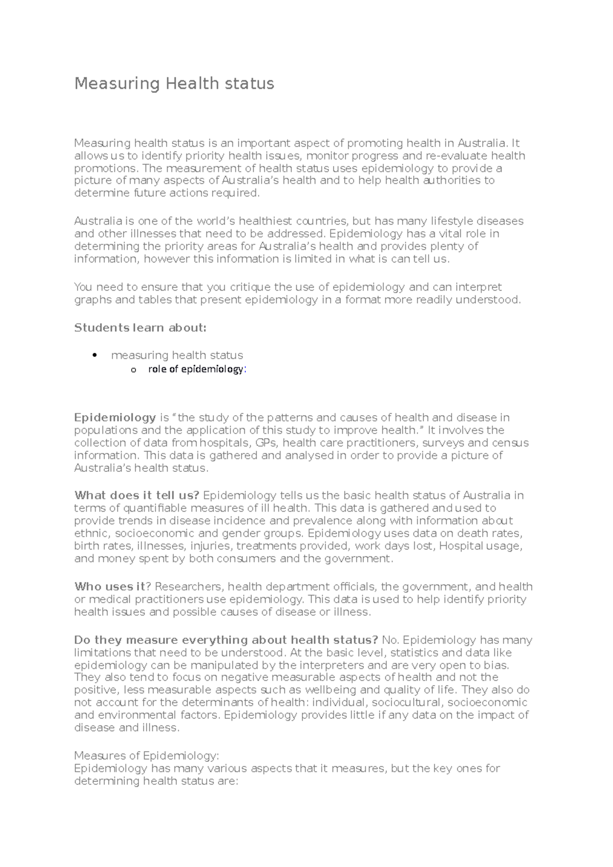 PDH Notes - Measuring Health status Measuring health status is an ...