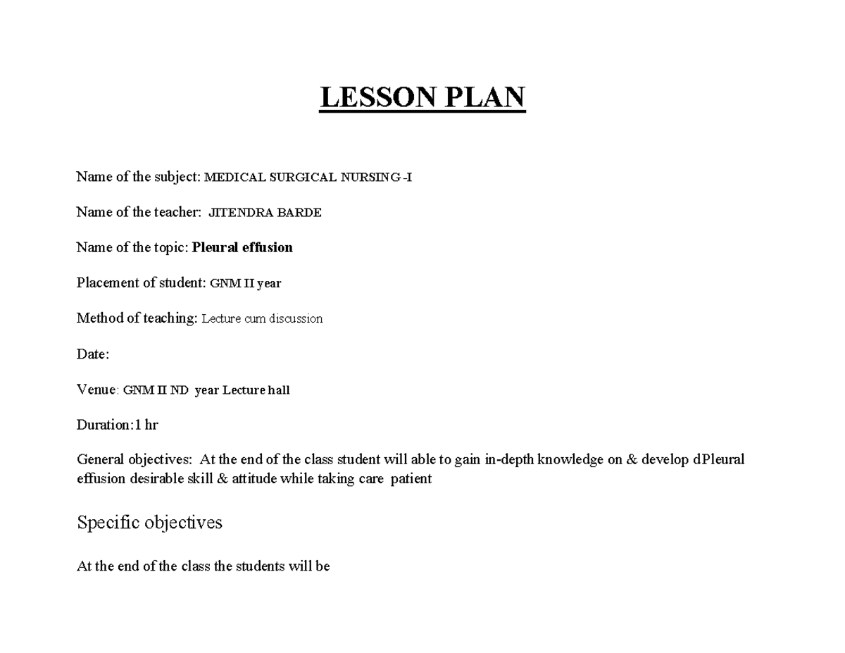 Pleural effusion lesson plan pdf - LESSON PLAN Name of the subject ...