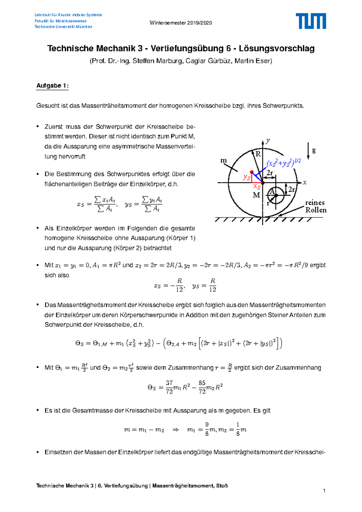 Lösung TM3 Tutorübung 6 Aufgaben 1 V1 - Lehrstuhl für Akustik mobiler Systeme Fakultät für - Studocu