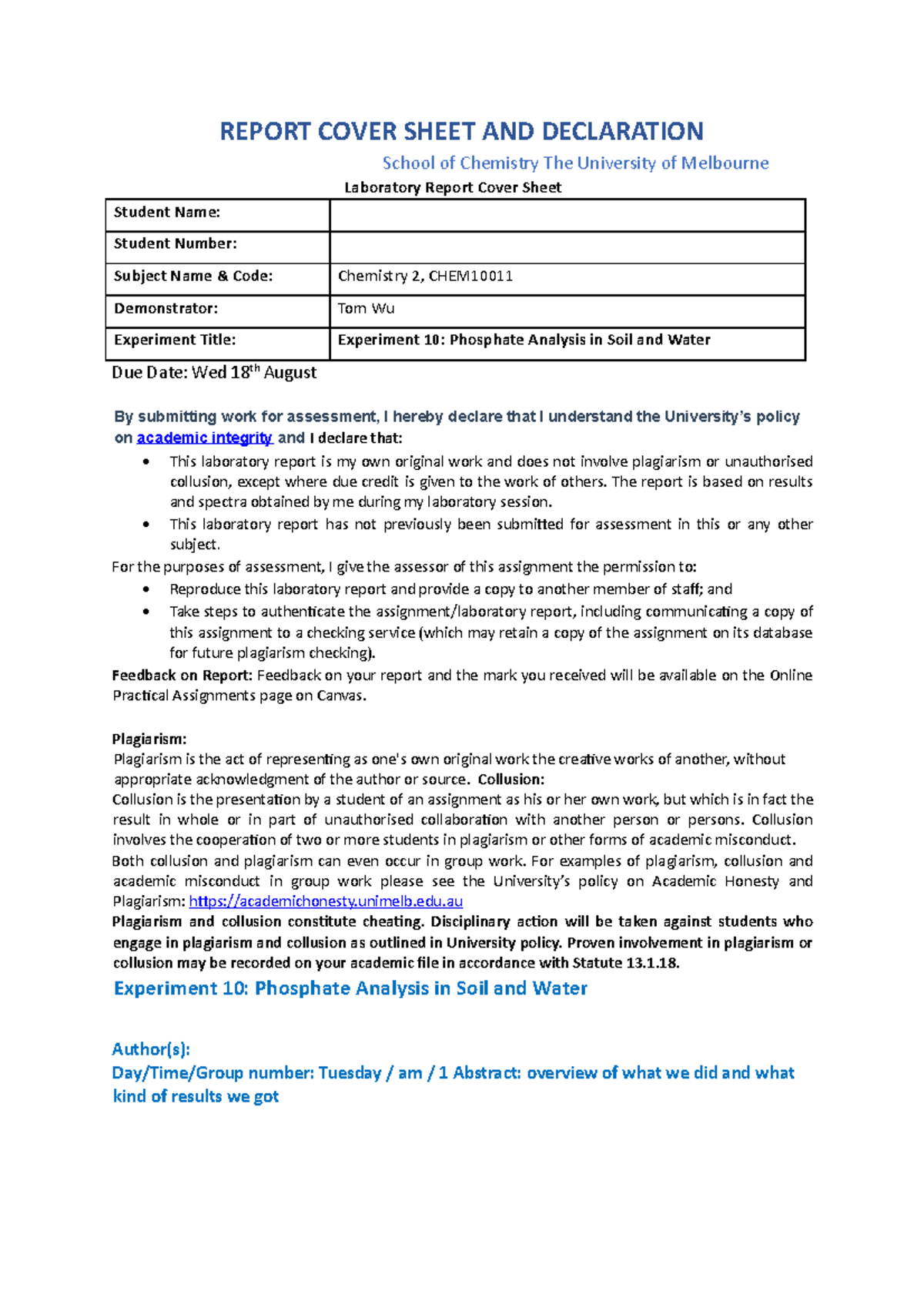 Exp 10 Student Report Template Sem 2 2021 - REPORT COVER SHEET AND ...
