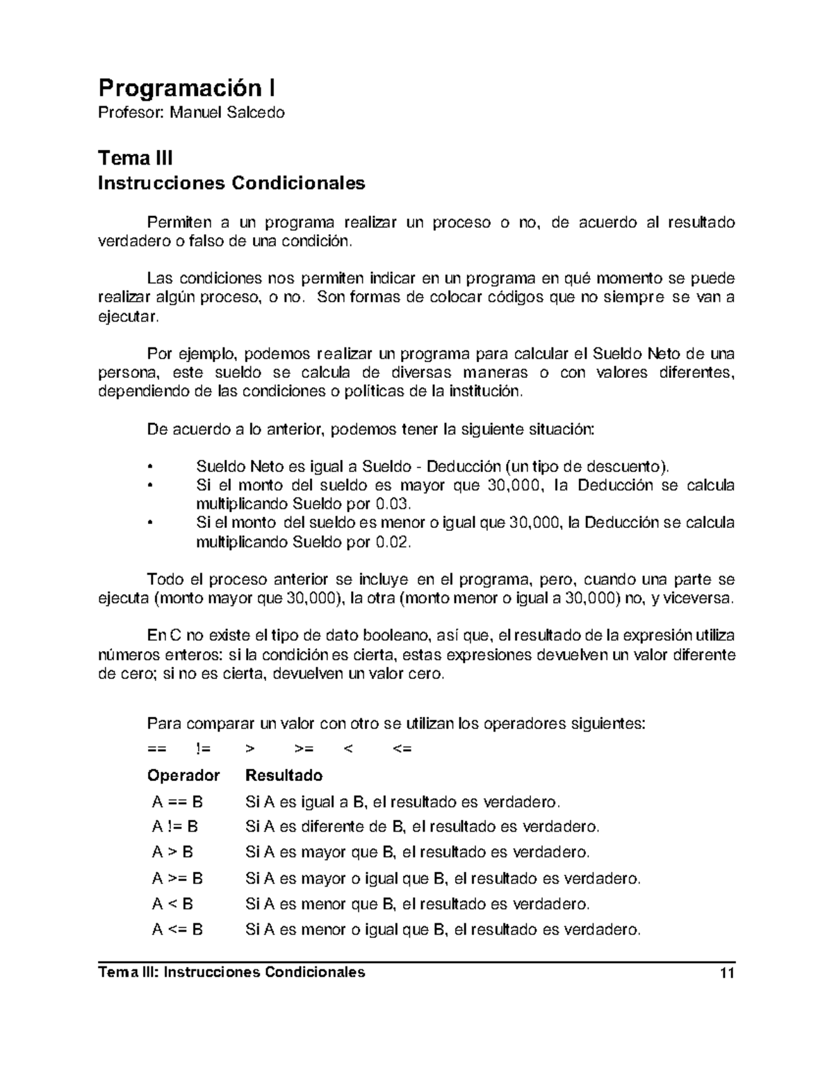 Programacion I Tema III - Programación I Profesor: Manuel Salcedo Tema ...