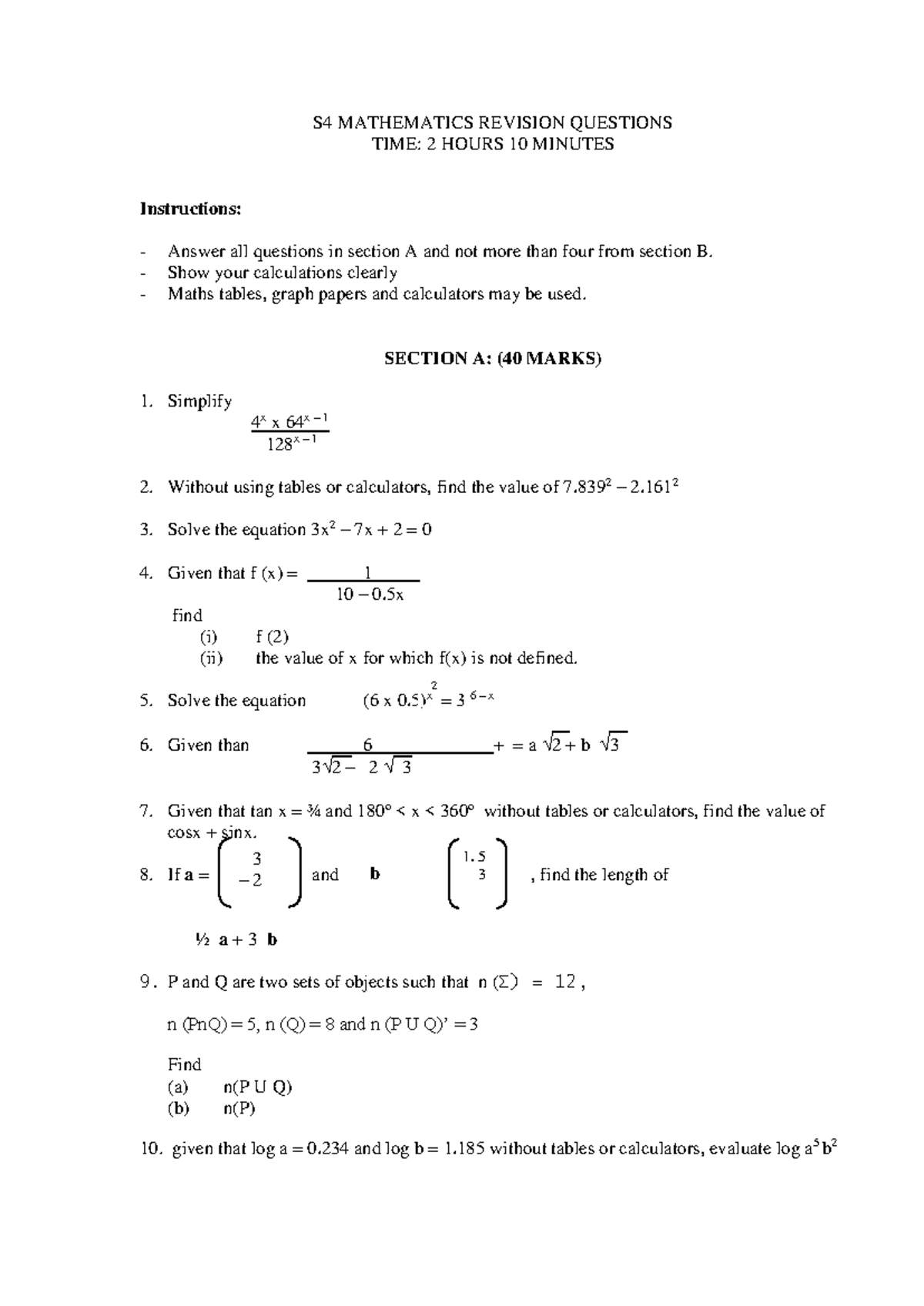 Olevel math pepr 1 set 6 - S4 MATHEMATICS REVISION QUESTIONS TIME: 2 ...