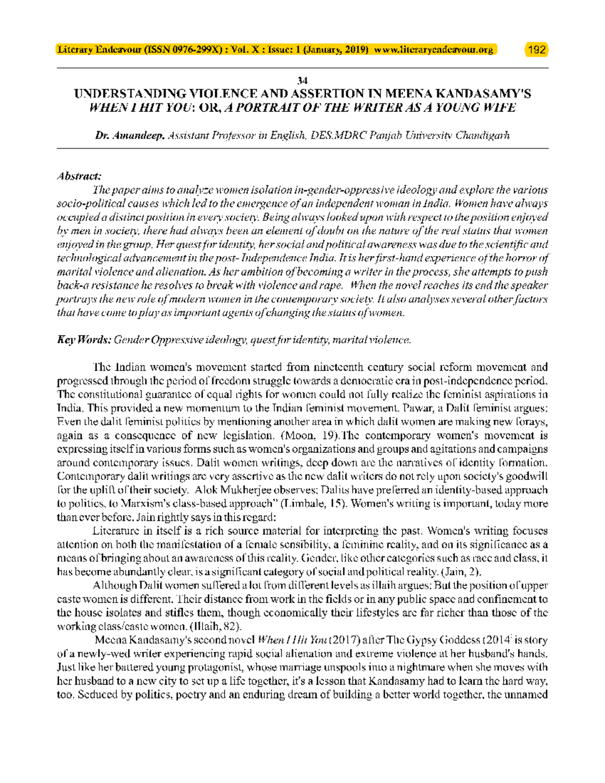 2019-01 34. Understanding Violence AND Assertion IN Meena Kandasamy’S ...