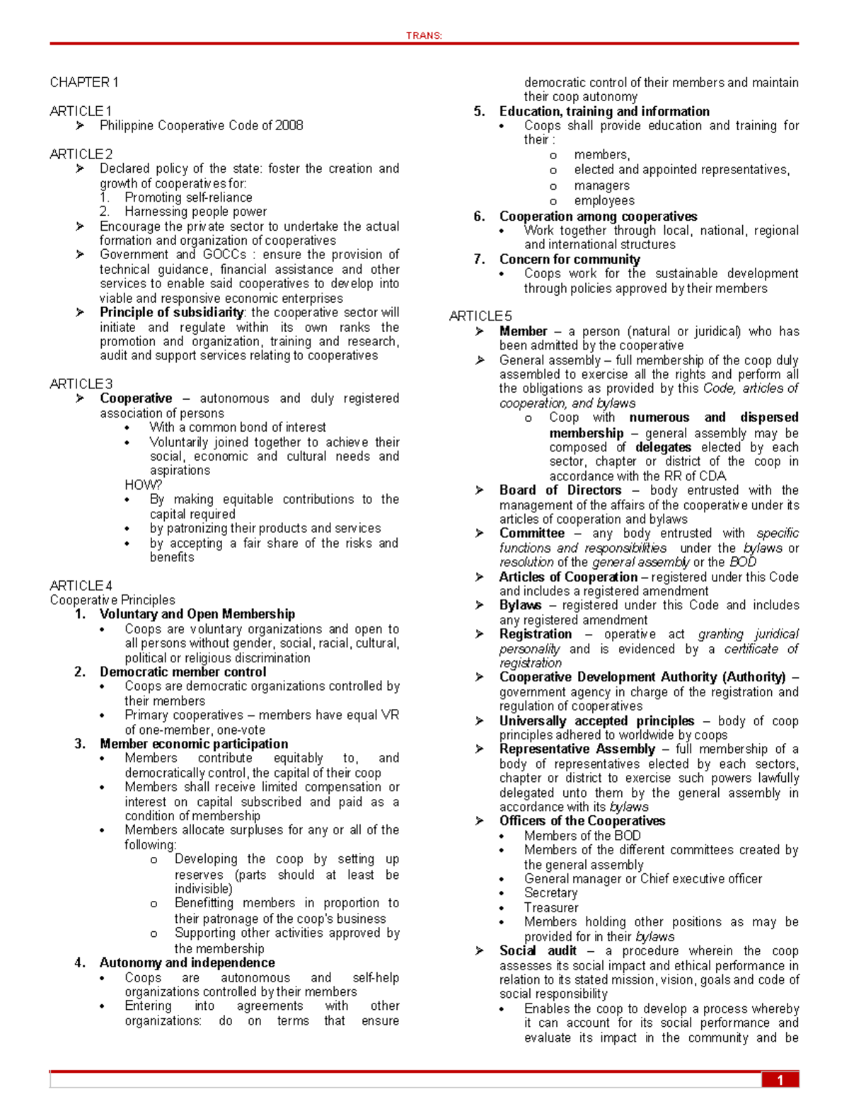 RFBT 2 Reviewer - coop - CHAPTER 1 ARTICLE 1 Philippine Cooperative ...
