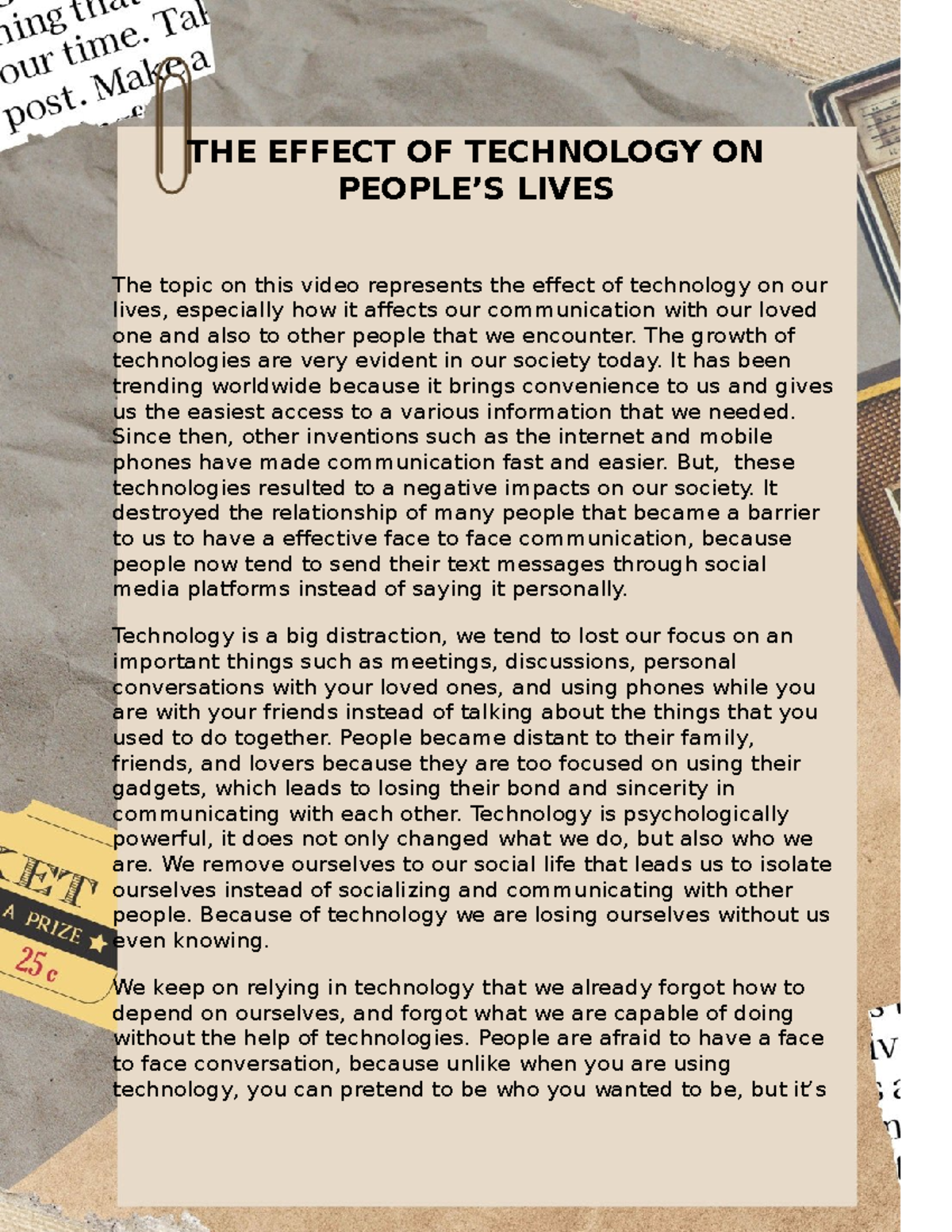 THE Effect OF Technology ON People'S Lives - THE EFFECT OF TECHNOLOGY ...